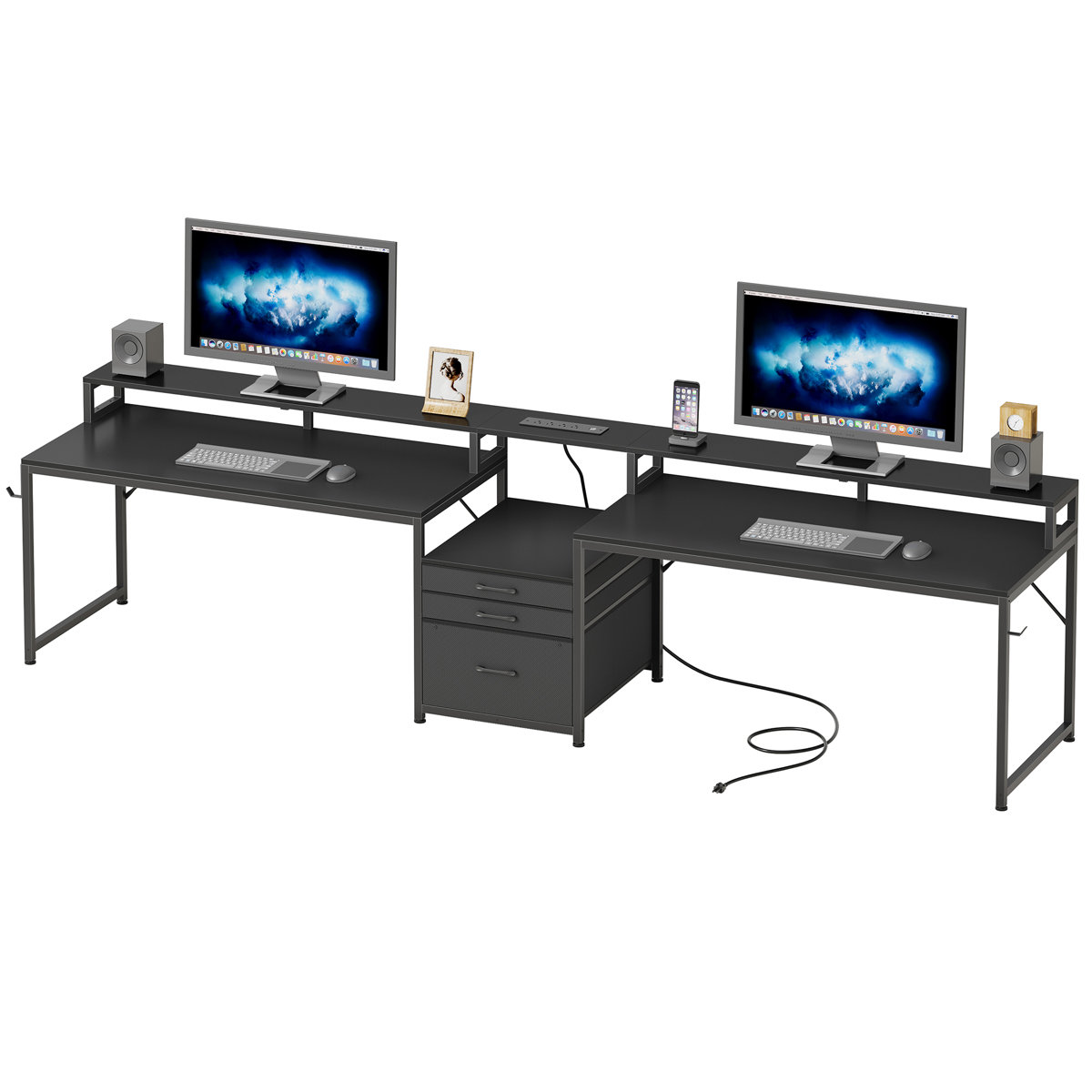 Inbox Zero 96.5" Office Desk, 2 Person Computer Desk With 3 Fabric ...