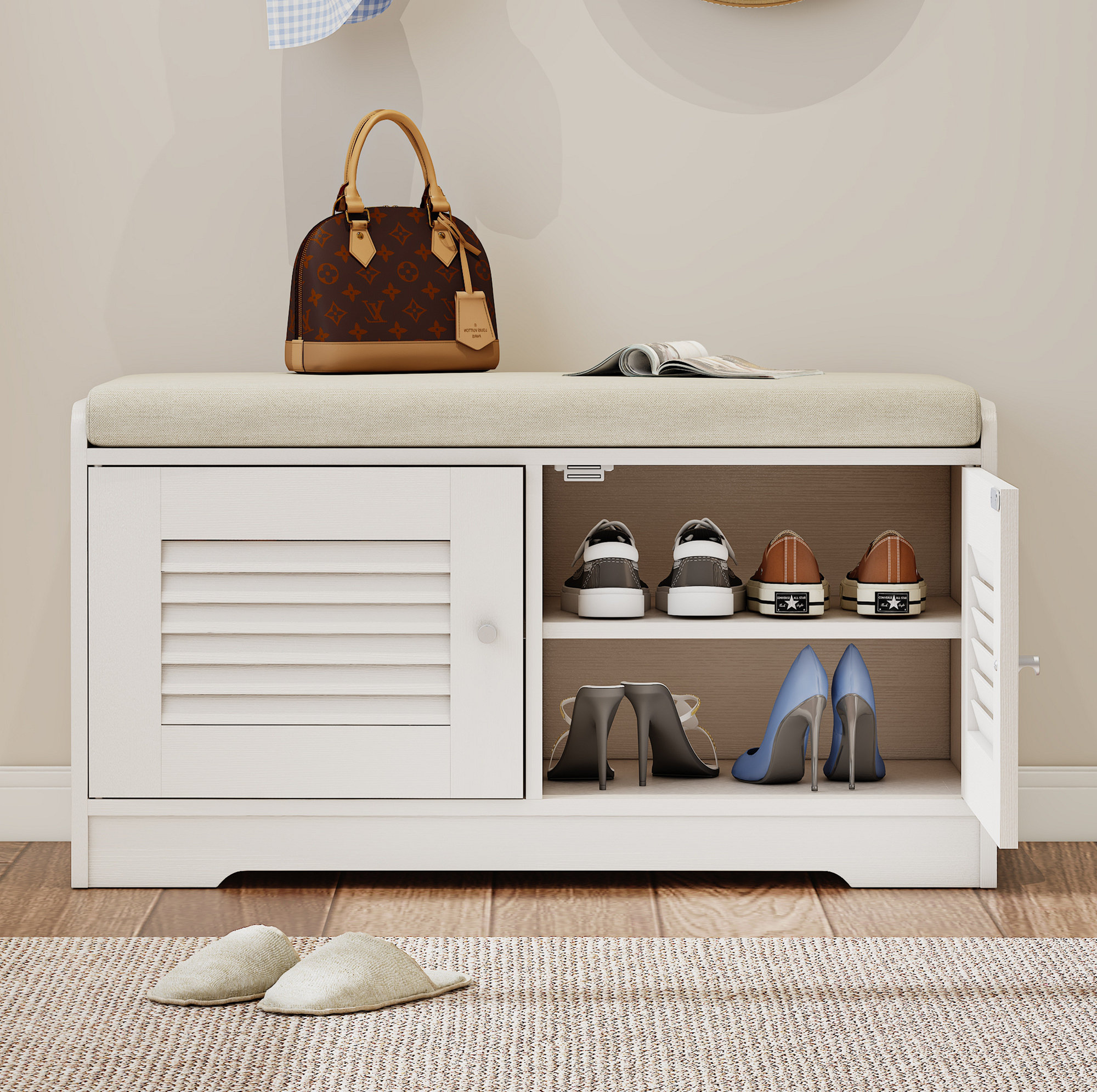 Highland Dunes Orth Shoes Storage Bench with 2 Door Cabinet, Shoe Bench ...