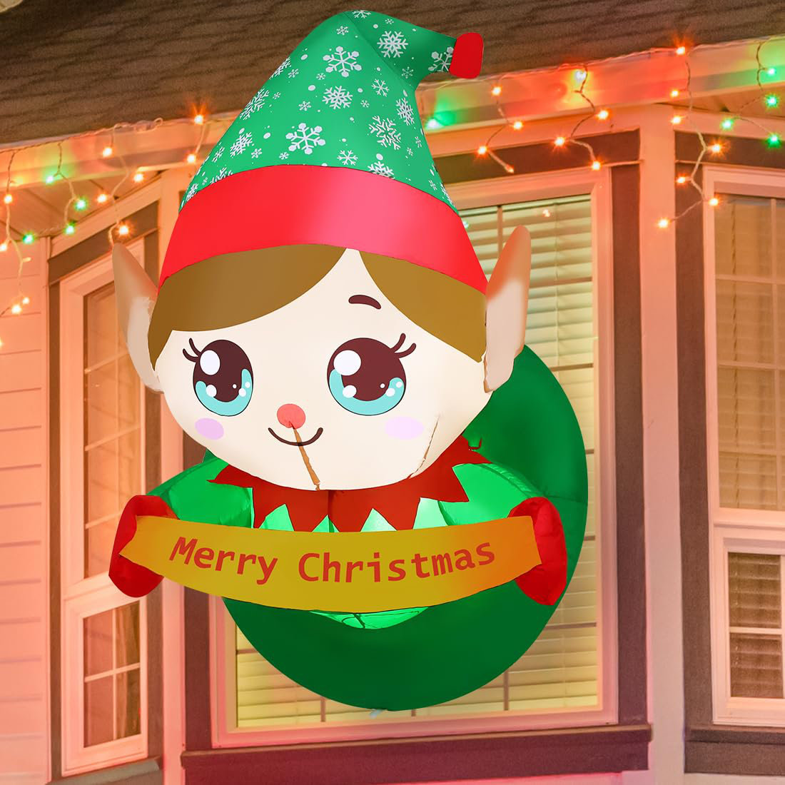 The Holiday Aisle® Christmas Inflatables 3.4 FT Inflatable Christmas Elf Lean Out From Window ...