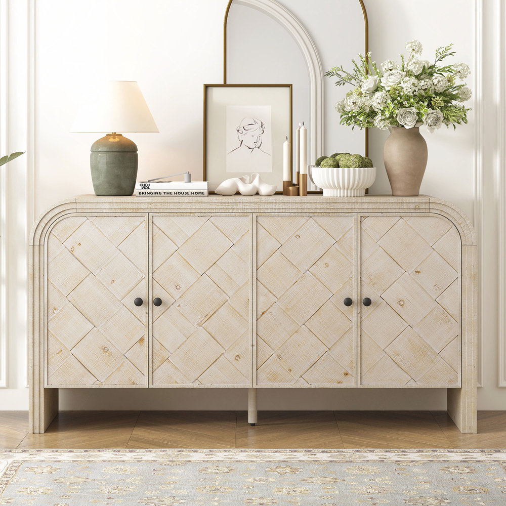 Latitude Run® Luxury Multi-Functional MDF Sideboard– woven Wood Slat Doors, Tiered Stepped ...