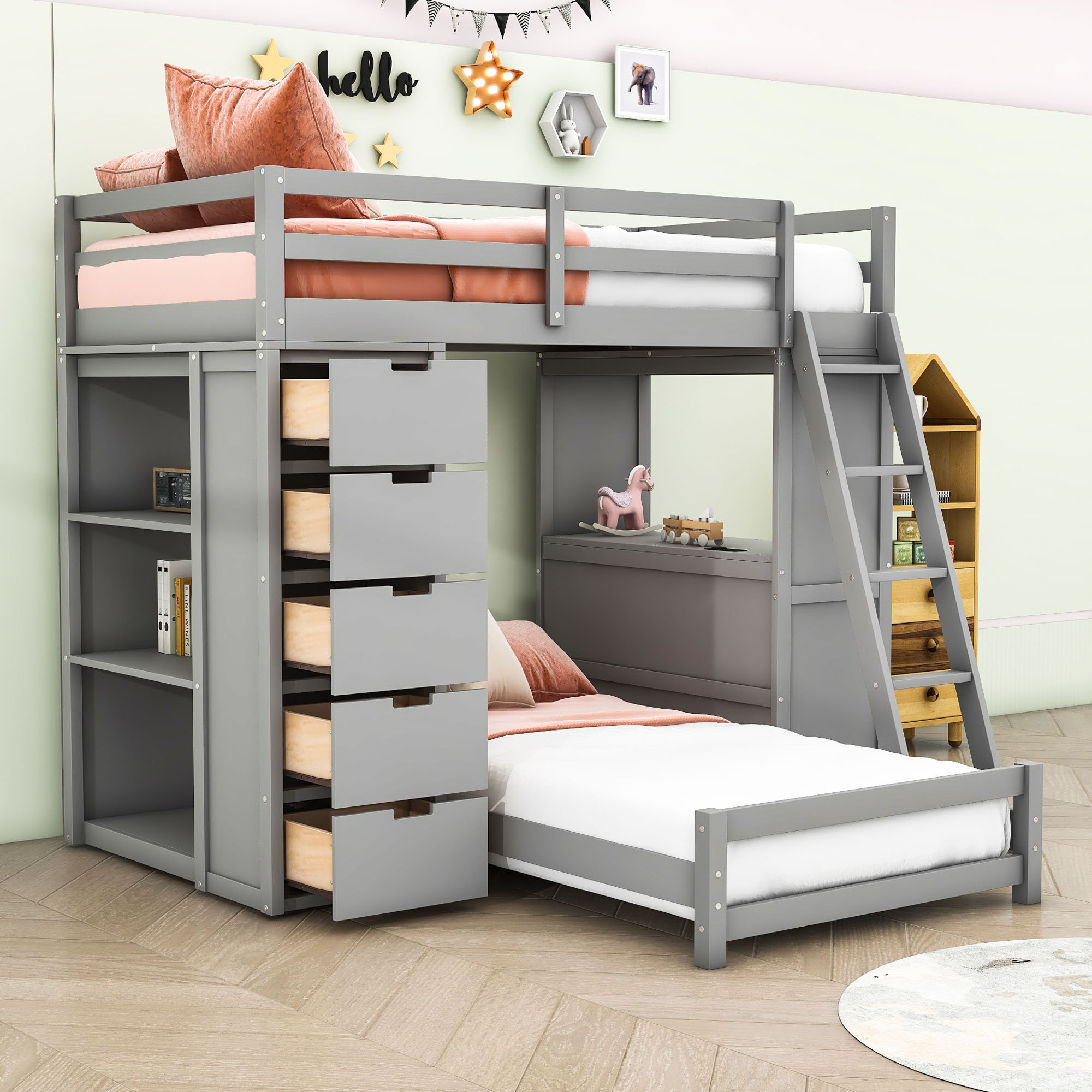 Harriet Bee Jasperd Twin over Twin 8 Drawer L-Shaped Bunk Beds with ...