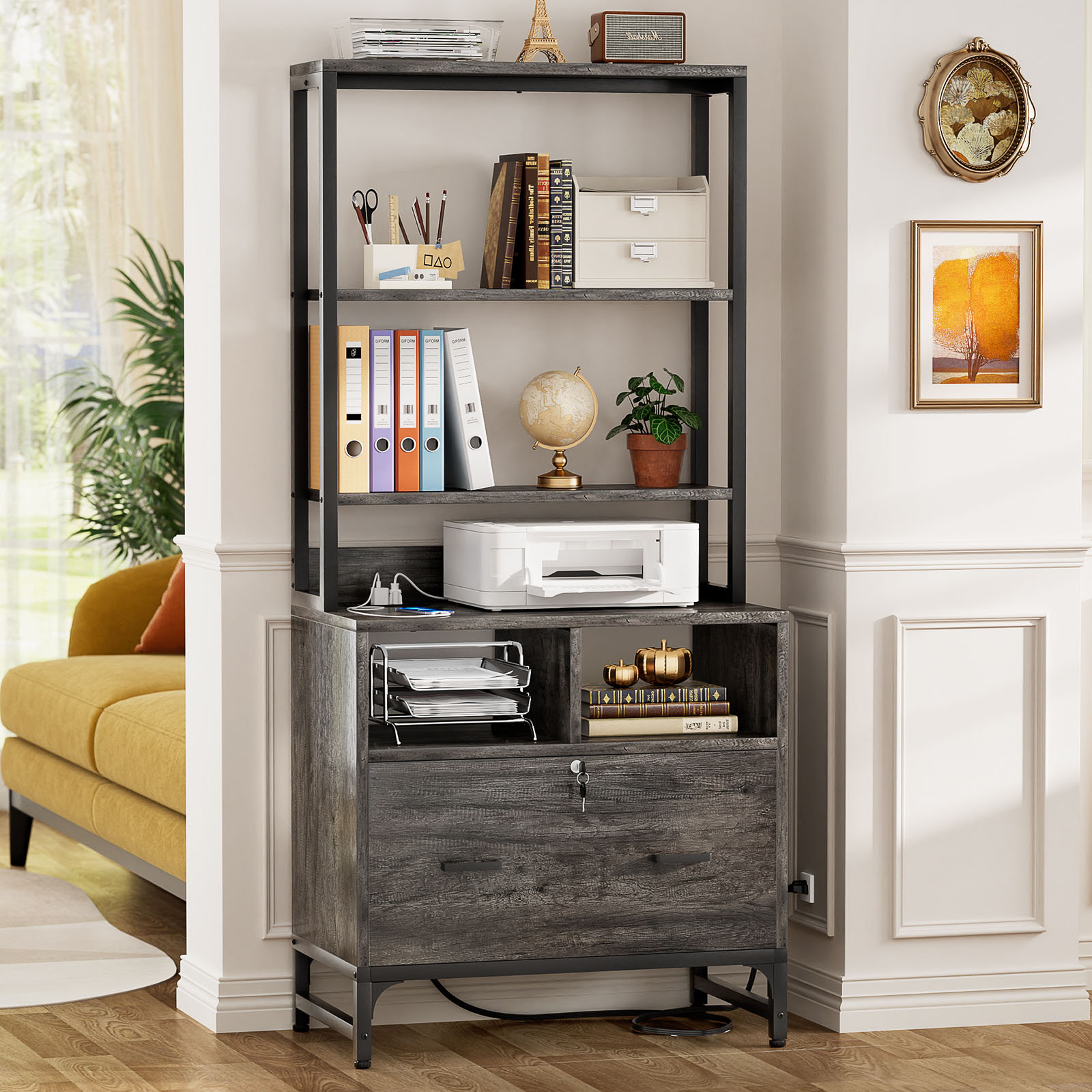 17 Stories 61.4" Tall Storage Bookcase with Drawers, Lock and Charging ...