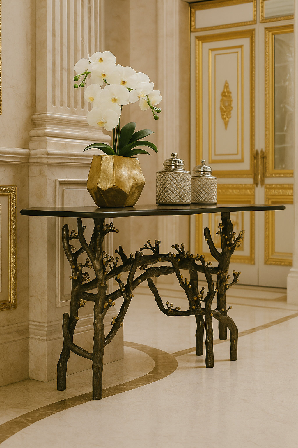 Rosdorf Park Artisan Branch Console Table With Black Top And Gold ...