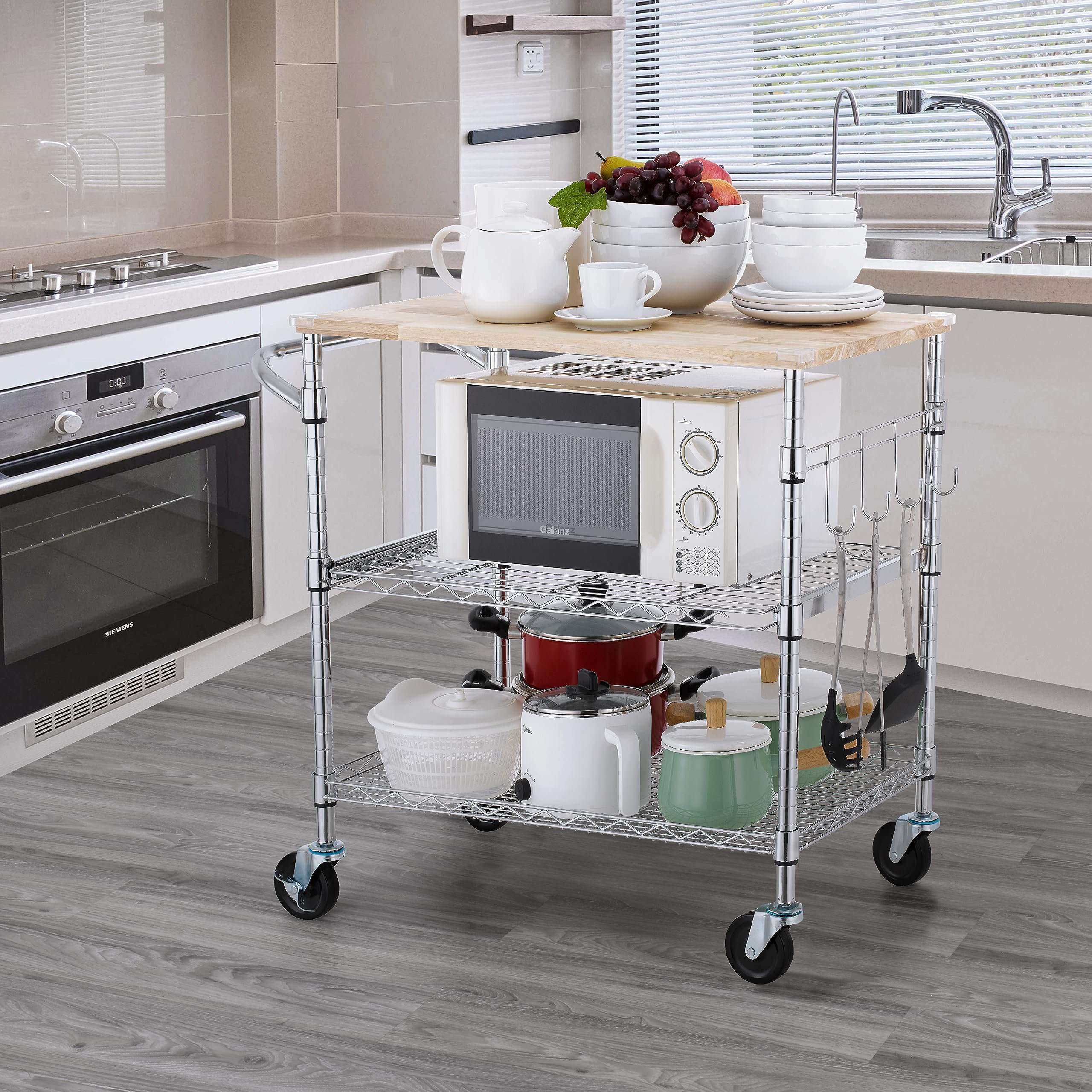 Rebrilliant 3-Tier Rolling Kitchen Cart With 18" D X 30" W Oak Wood ...