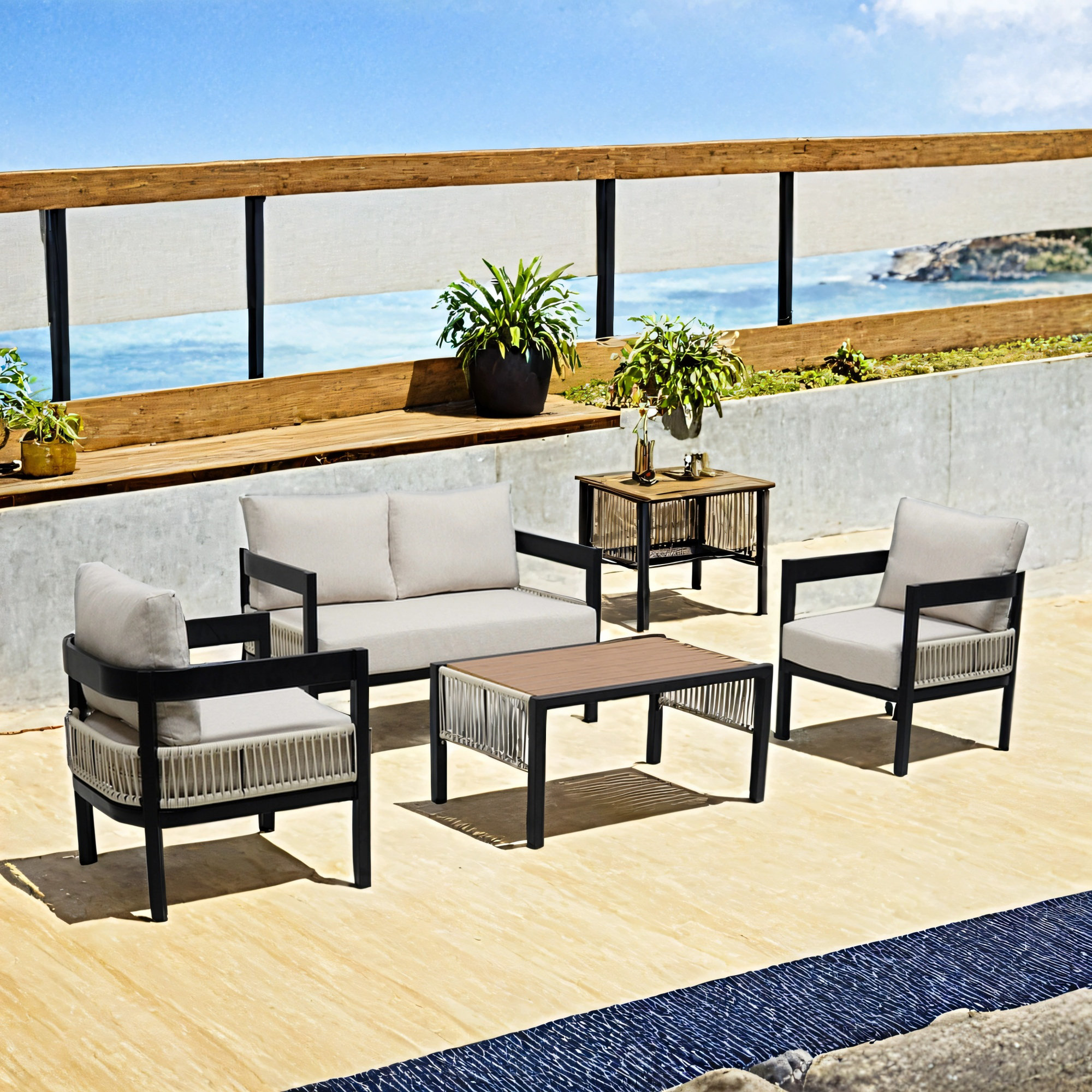 Hokku Designs Multi Outdoor Iron Sofa Set With Table Dark | Wayfair