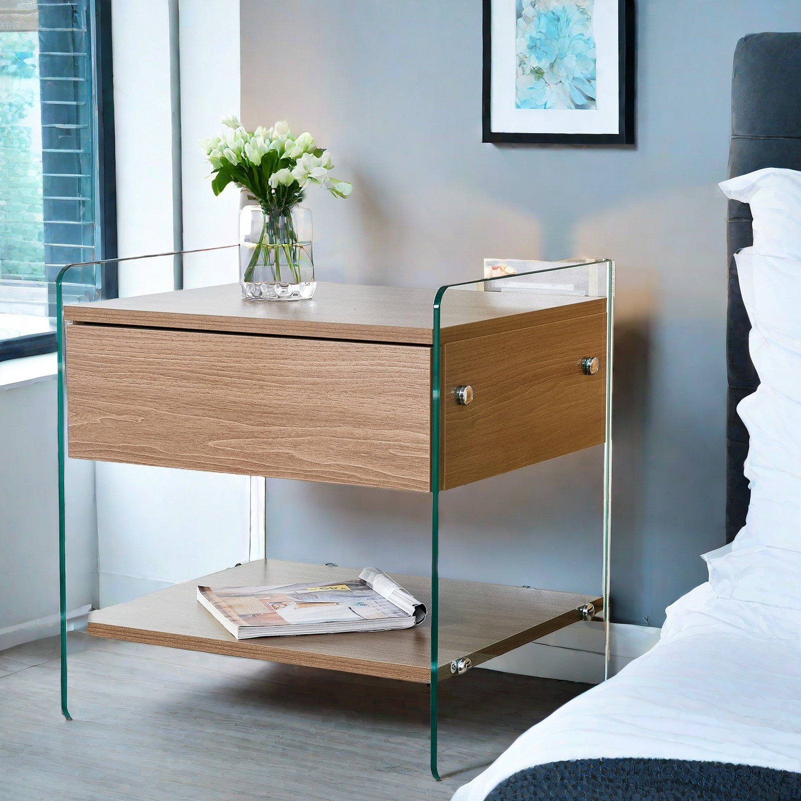 Wrought Studio Glass Nightstand, Bedside Table With Drawer Open Storage ...