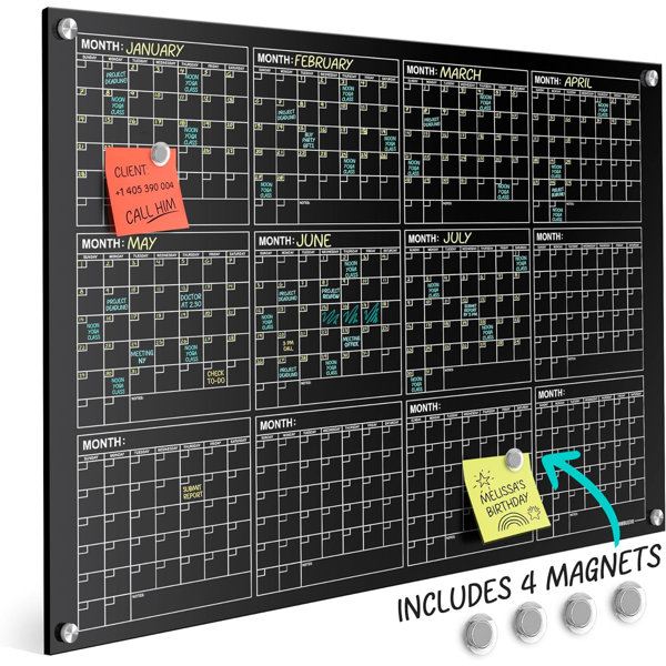 Scribbledo Black Magnetic 34”x46” Glass Whiteboard Yearly Calendar ...