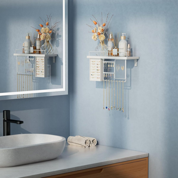 Latitude Run® Wall Mounted Hanging Jewelry Organizer With Wood Shelf ...
