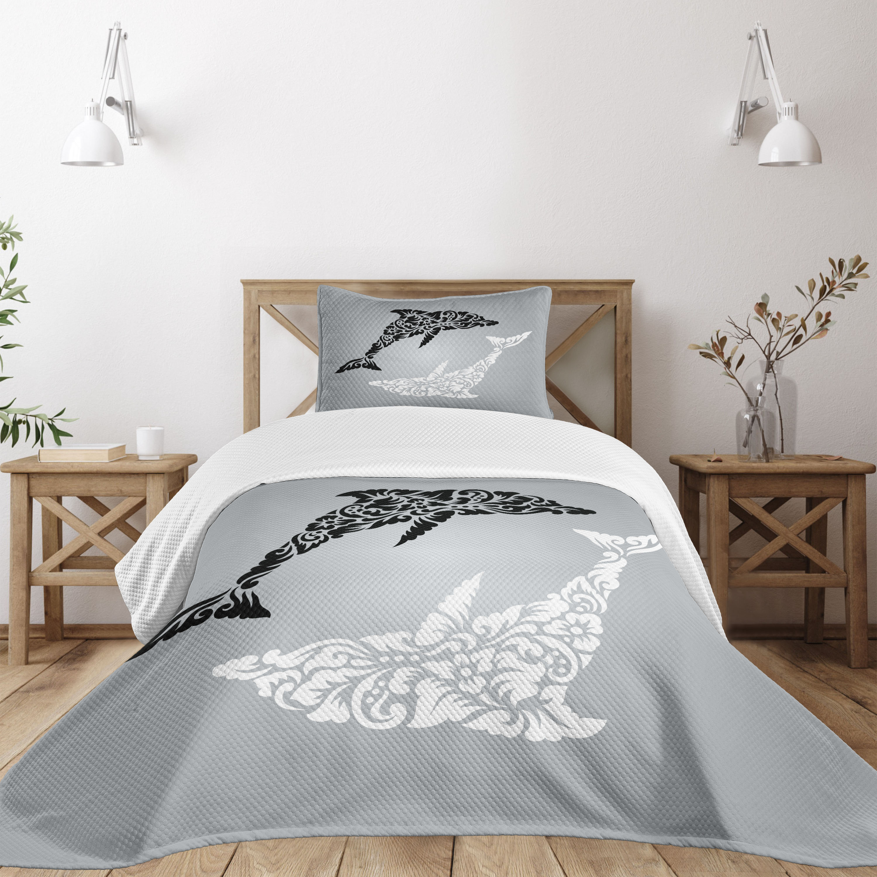 Ambesonne Dolphin Bedspread Set Monochrome Subaquatic Pale Grey Black ...
