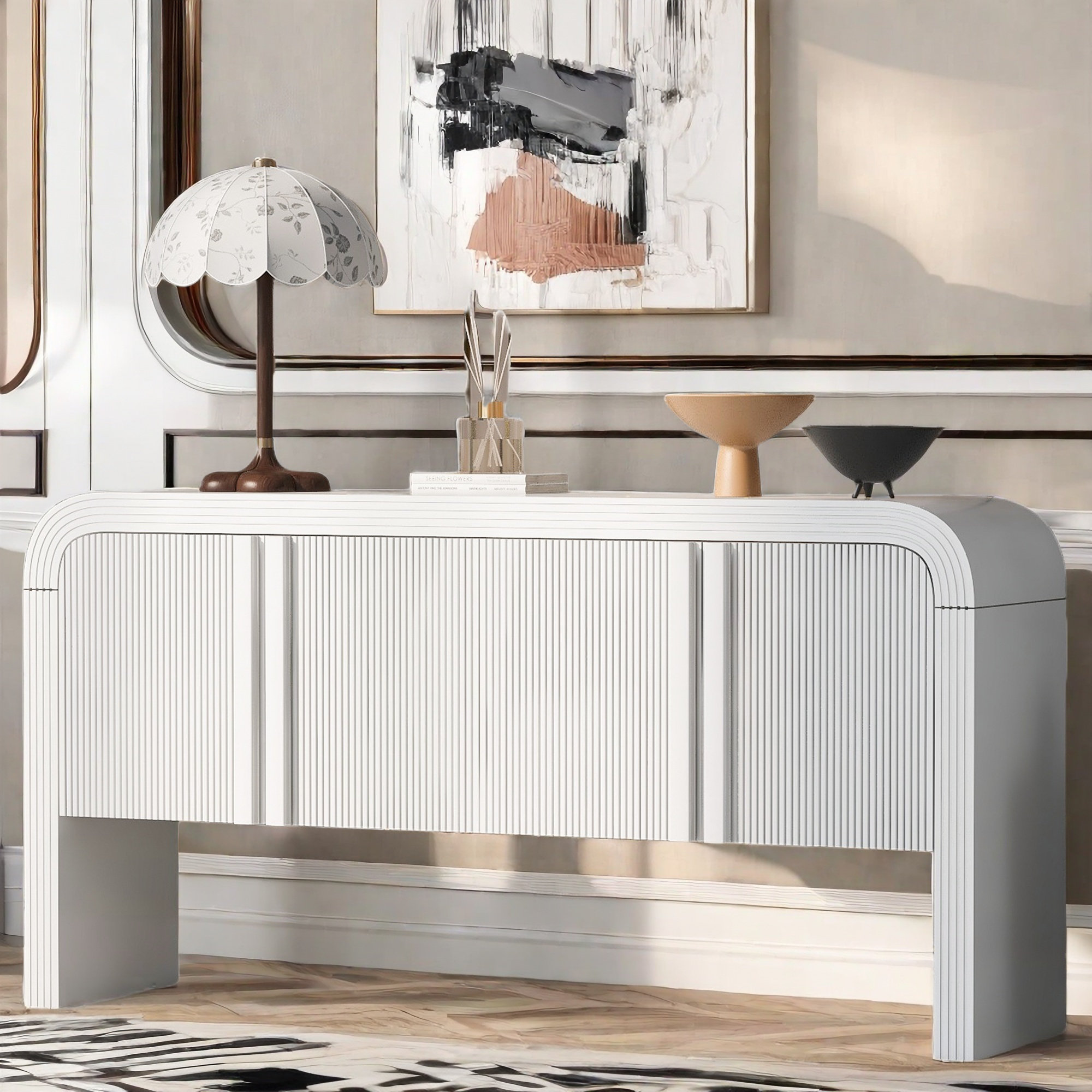 Wrought Studio™ Mecayla Sideboard With Stripe Design, Adjustable Shelves And Curved Edge | Wayfair