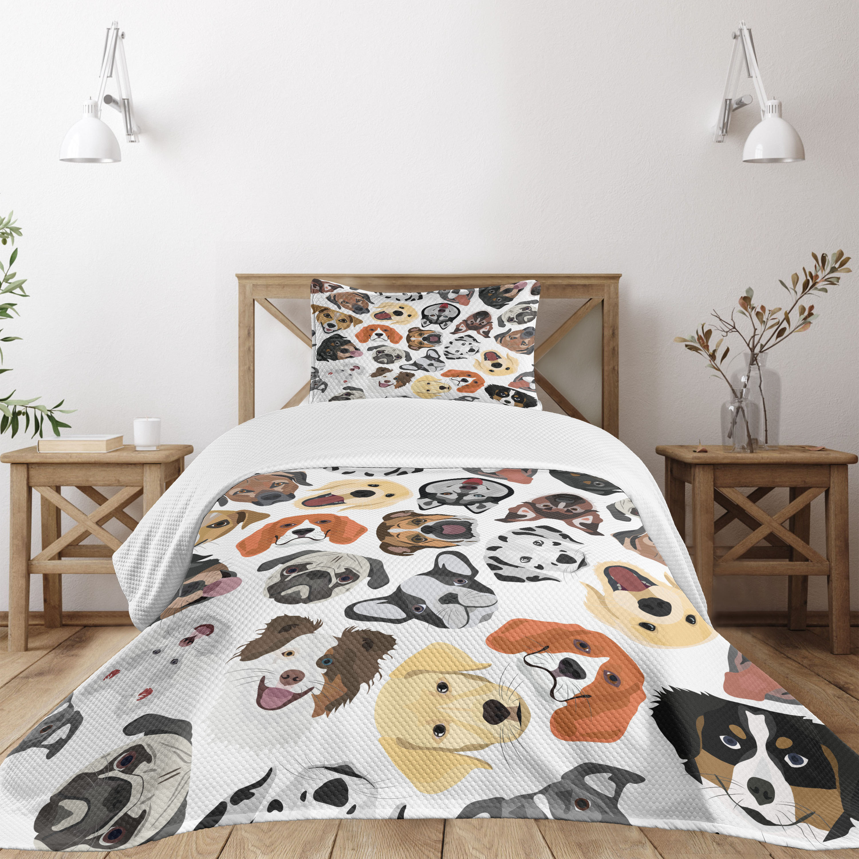 Ambesonne Dogs Bedspread Set Faces of Various Dog Breeds Multicolor ...