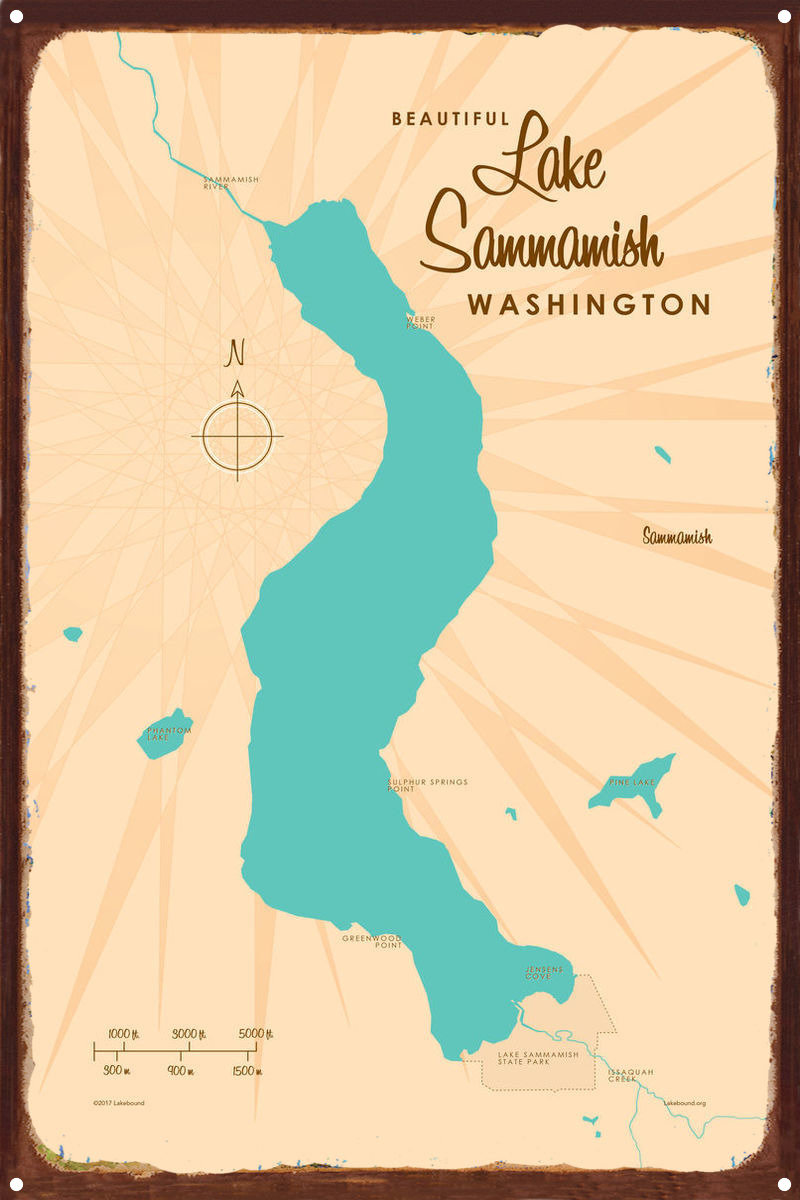 Breakwater Bay Lake Sammamish Washington Map Rustic Metal Art Print ...