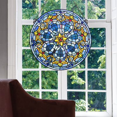 Home Decor Stained Glass Window 28x26 Inch Blue Flower Stained Glass ...