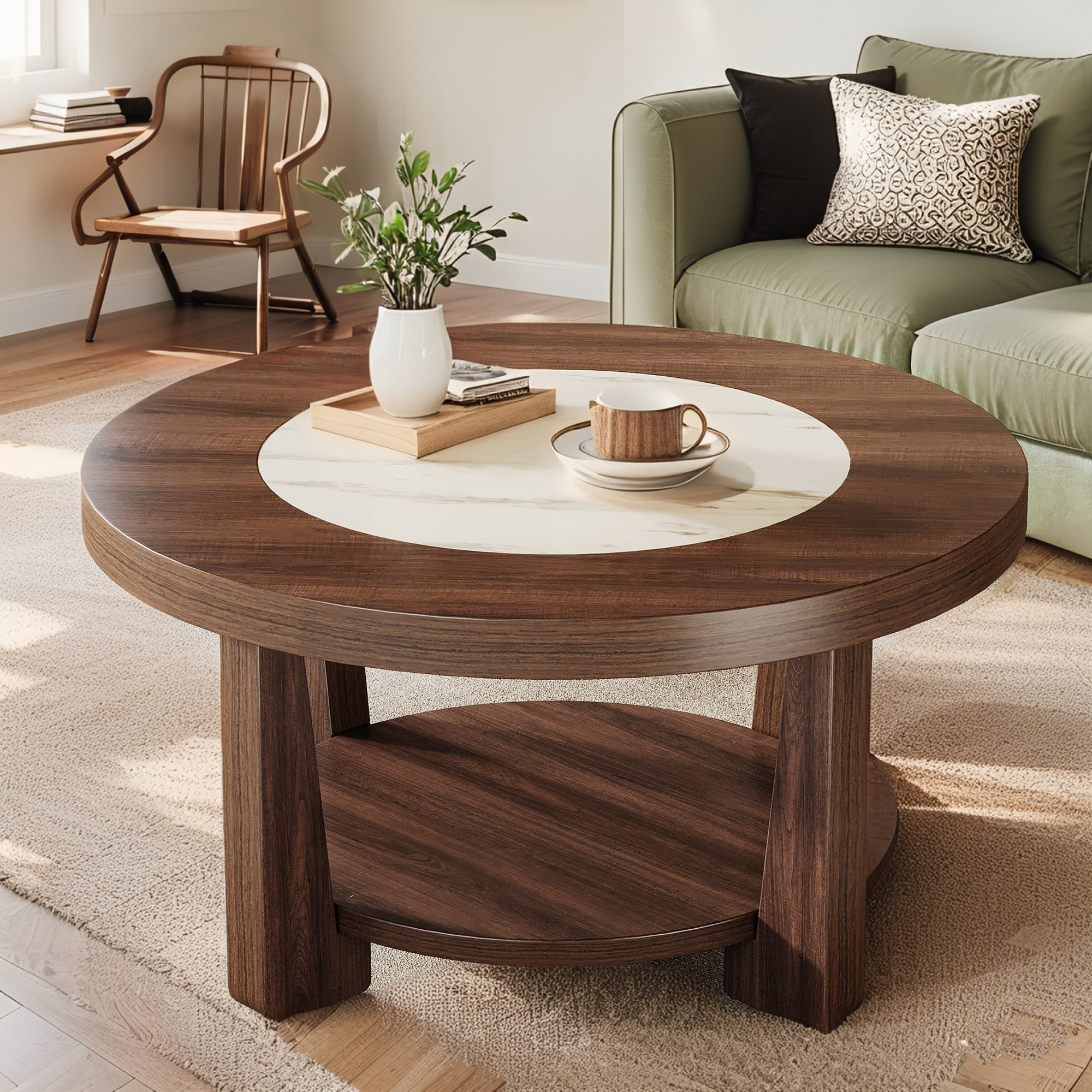 Wrought Studio Round Coffee Table, Wood 2-Tier Accent Centre Table with ...