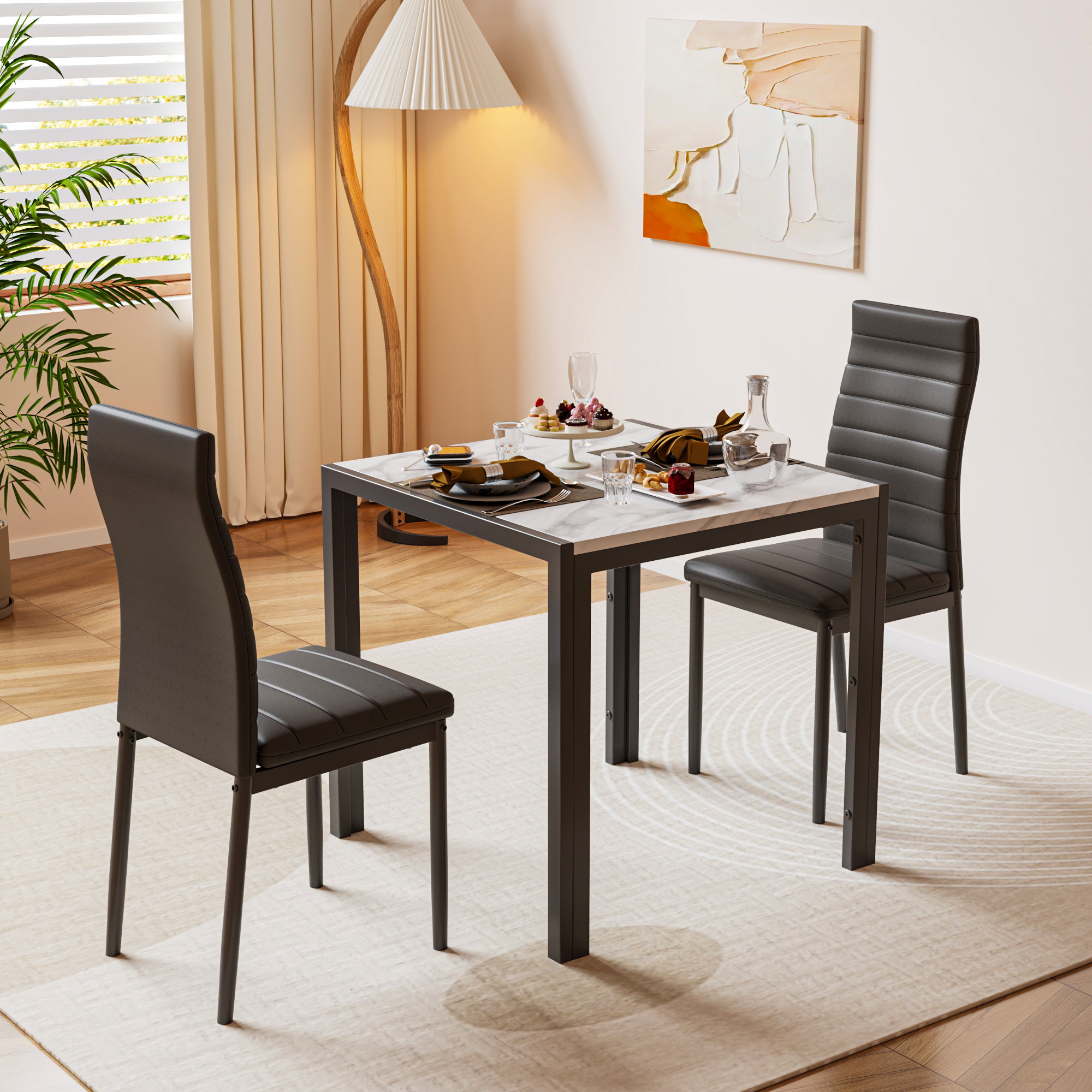 Ebern Designs Modern Style 3 Pieces Dining Table Set, Square Faux ...