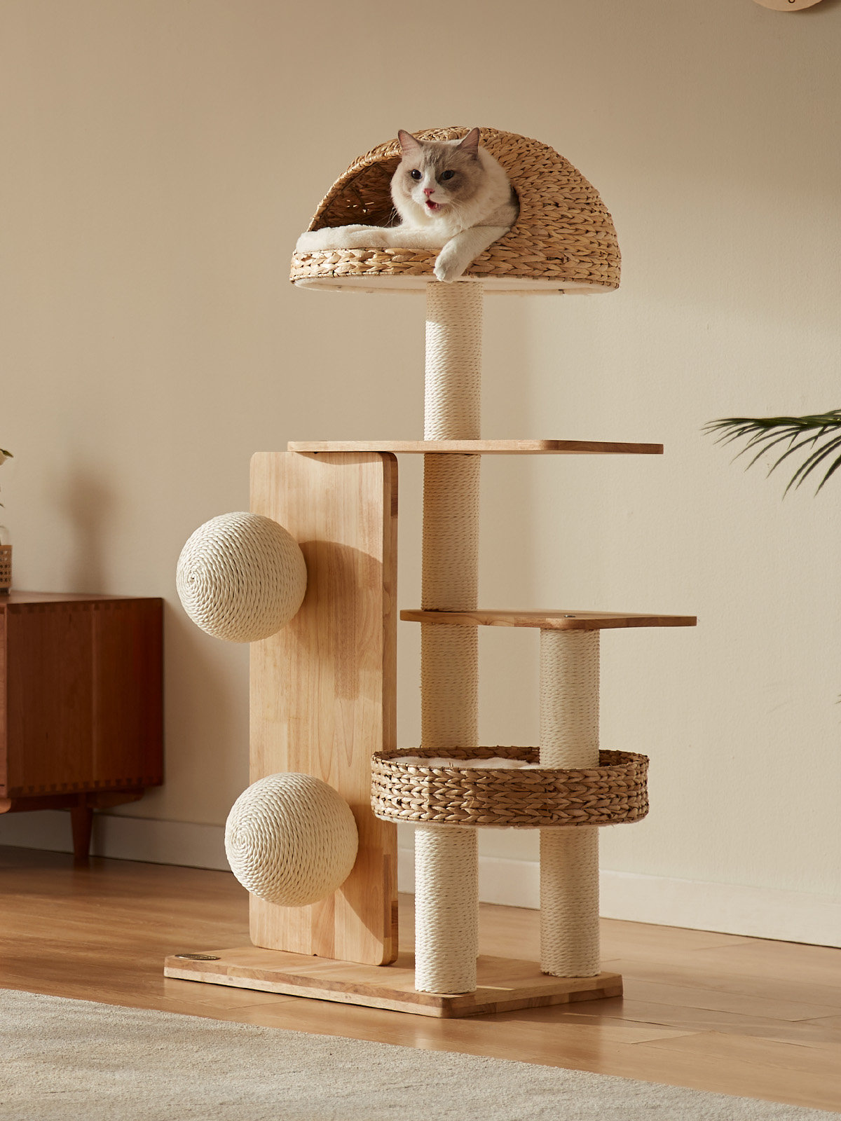 Sopapets 53.2 Inches Tall Modern Solid Wood Cat Tree for Indoor Cats Large Adult,Wooden Cat Tree ...