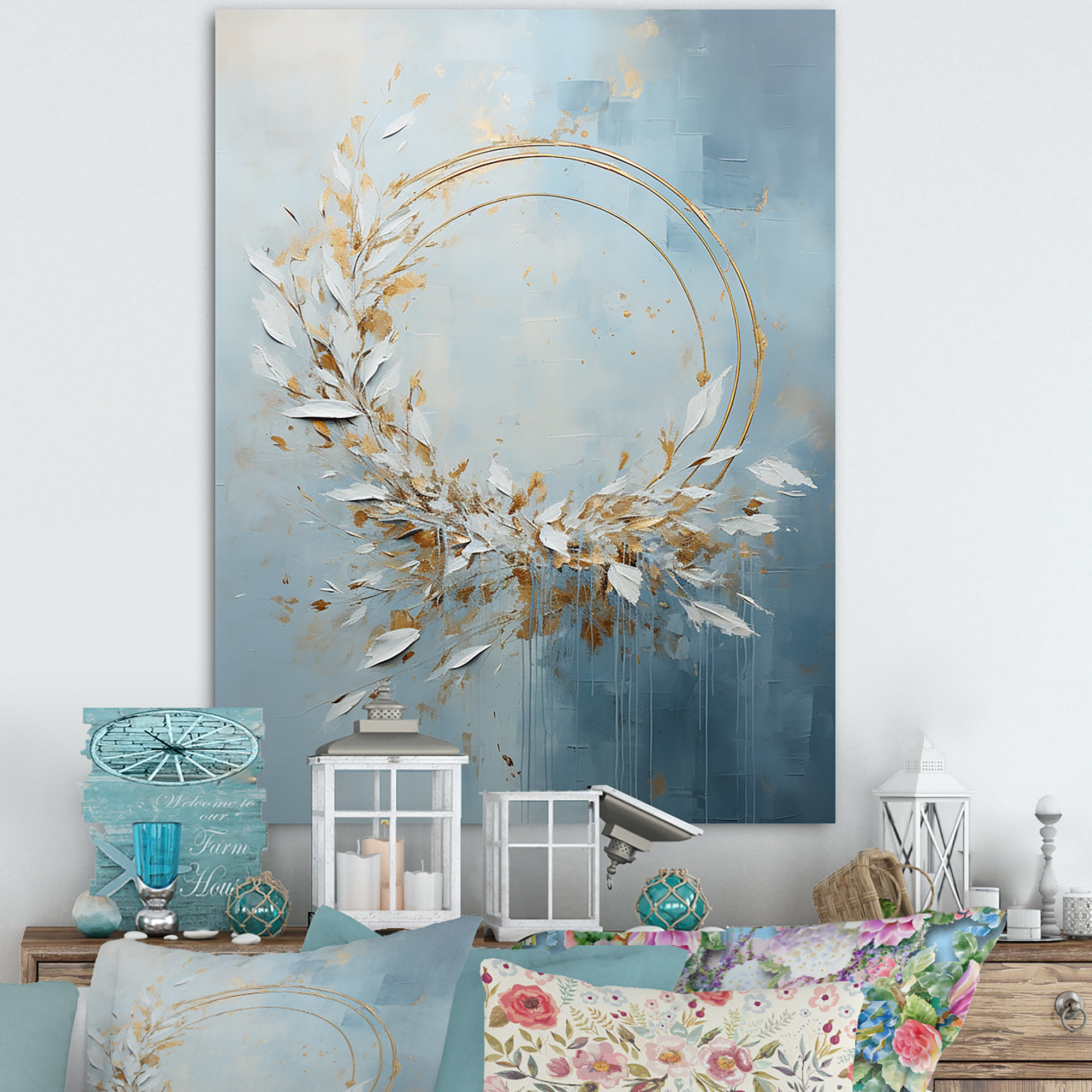 House of Hampton Blue And Gold Wreath Flower VI - Wreath Wall Decor ...