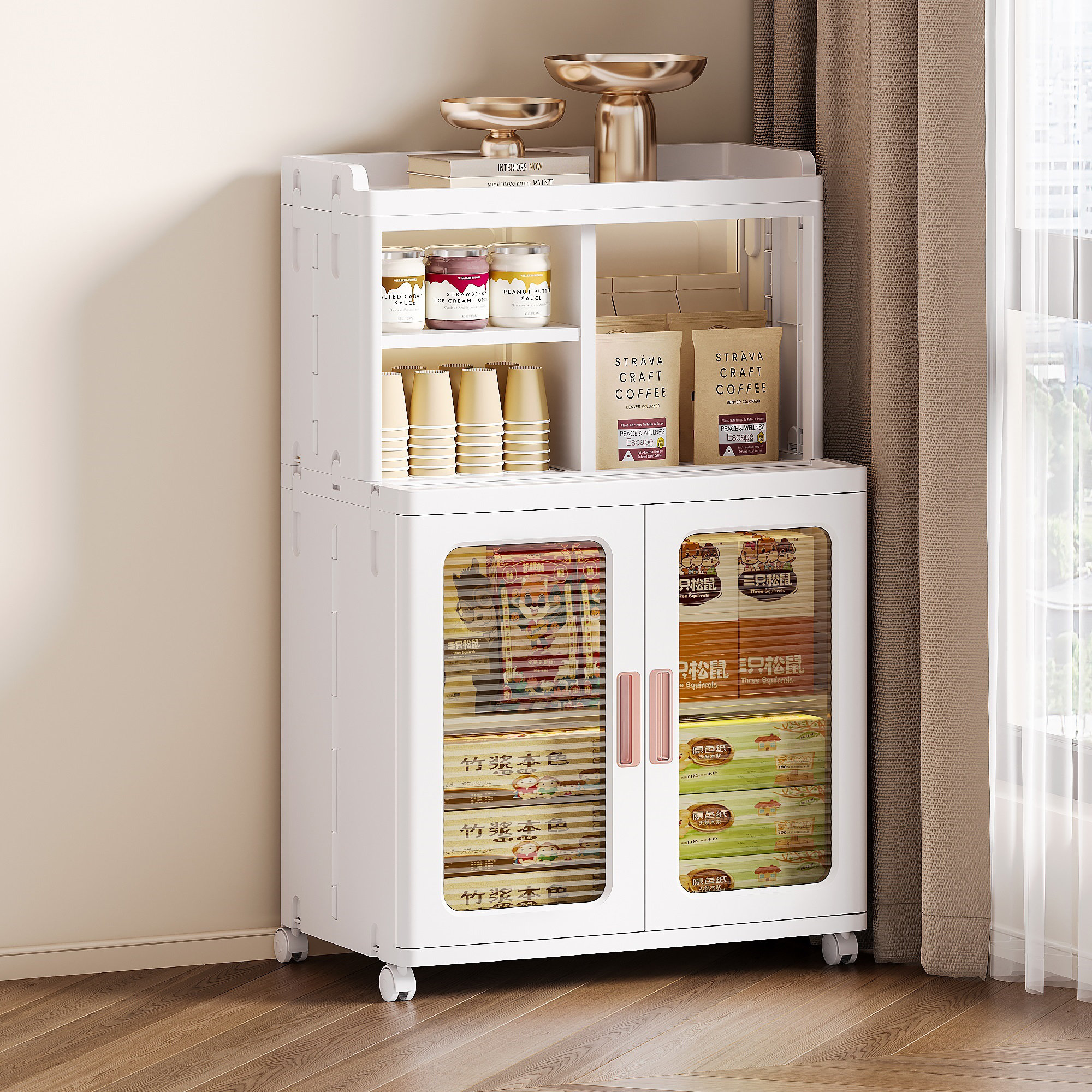 Rebrilliant Mobile Storage Cabinet With Transparent Doors, Open Storage ...