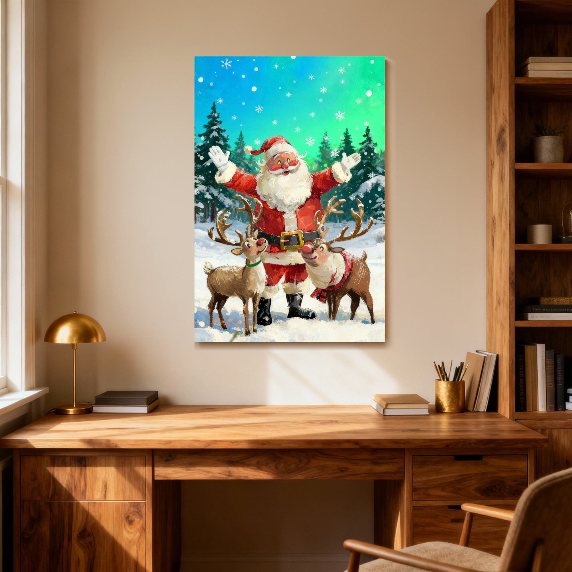 Canora Grey Christmas Santa Claus With Reindeer In Snowy Forest | Wayfair