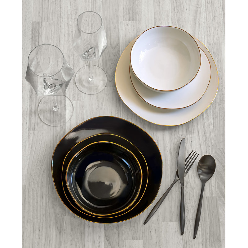 Godinger Silver Art Co Andover Black 12 Piece Gold Rim Dinnerware Set ...