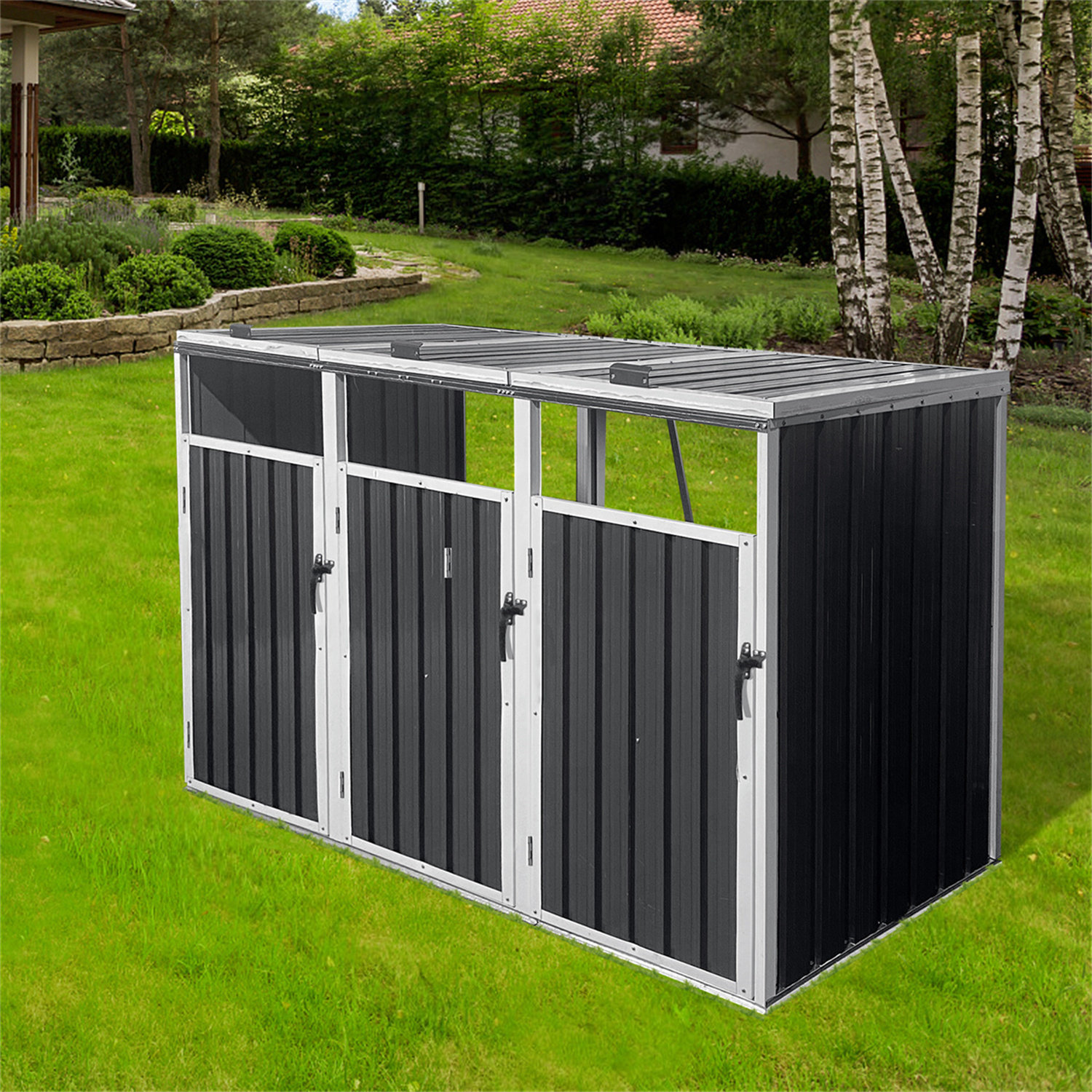 shinyswan Outdoor Metal Garbage Bin Shed – Stores 3 Trash Cans, Grey ...