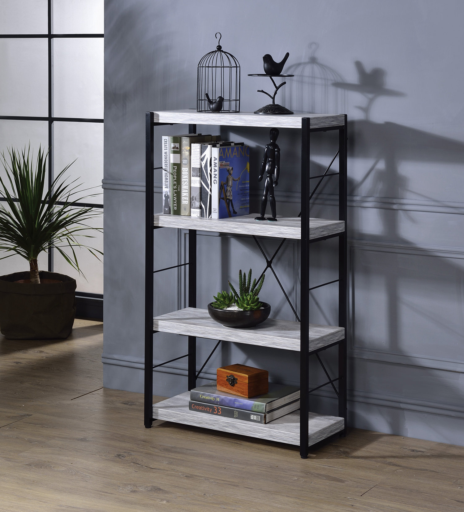 Latitude Run® metal frame bookcase with 4-tier Open shelves and sturdy ...