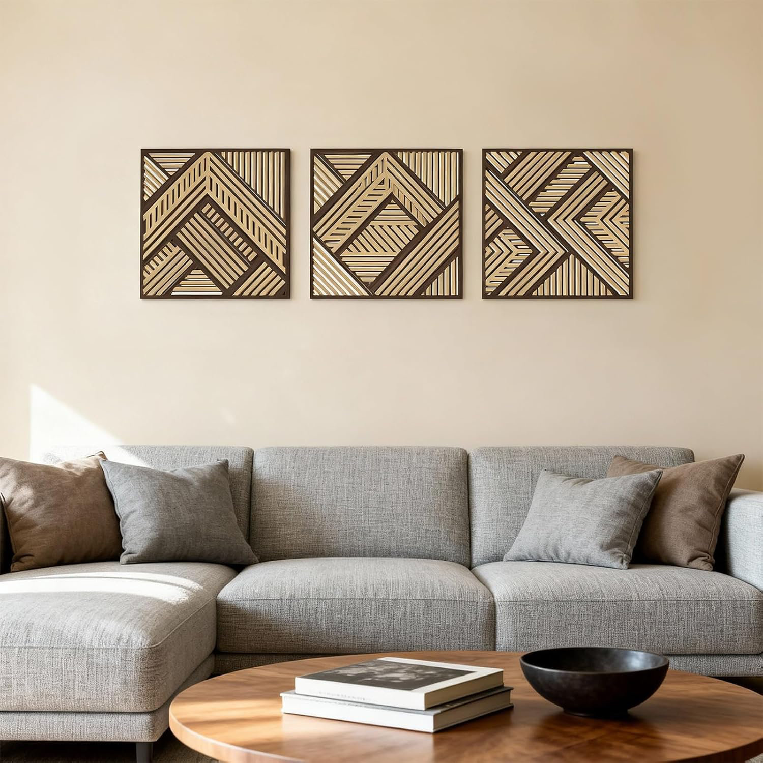 George Oliver 3 Pcs Geometric Wood Wall Art Decor, Modern Slatted Wood ...