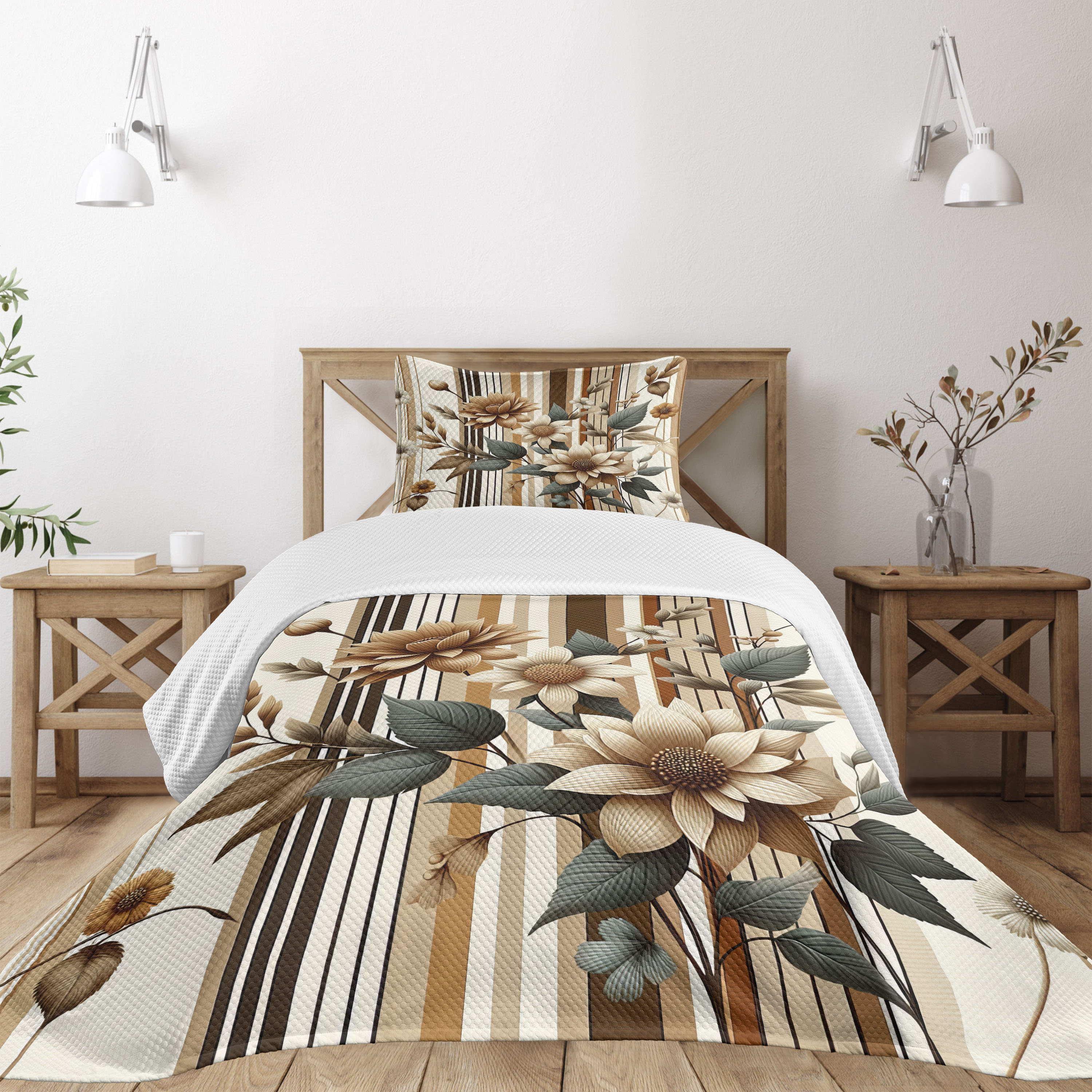 Ambesonne Tan Bedspread Set Retro Sepia Flowers and Stripes Almond Dark ...