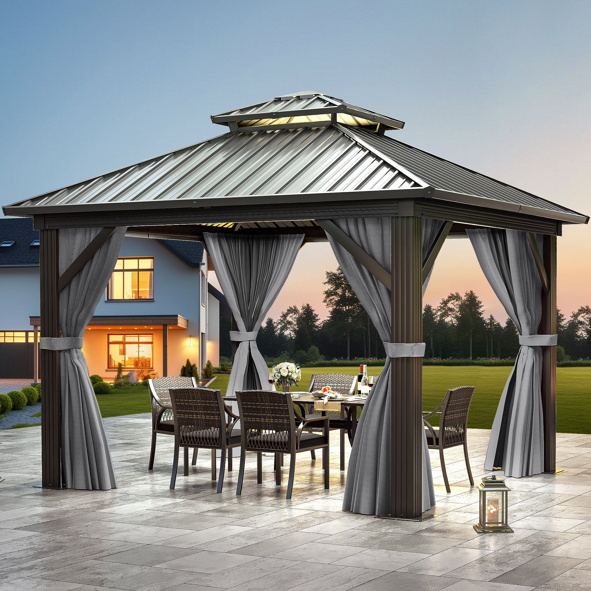 YITAHOME Outdoor Metal Hardtop Patio Gazebo with Privacy Curtain and ...