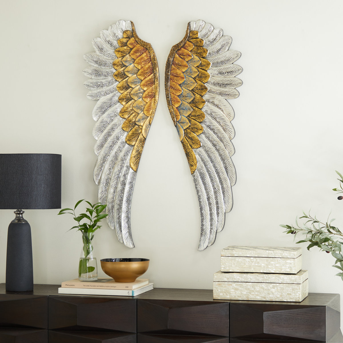Trinx Wooden Carved Angel Wings Bird Gold Wall Decor with Gold Accents ...