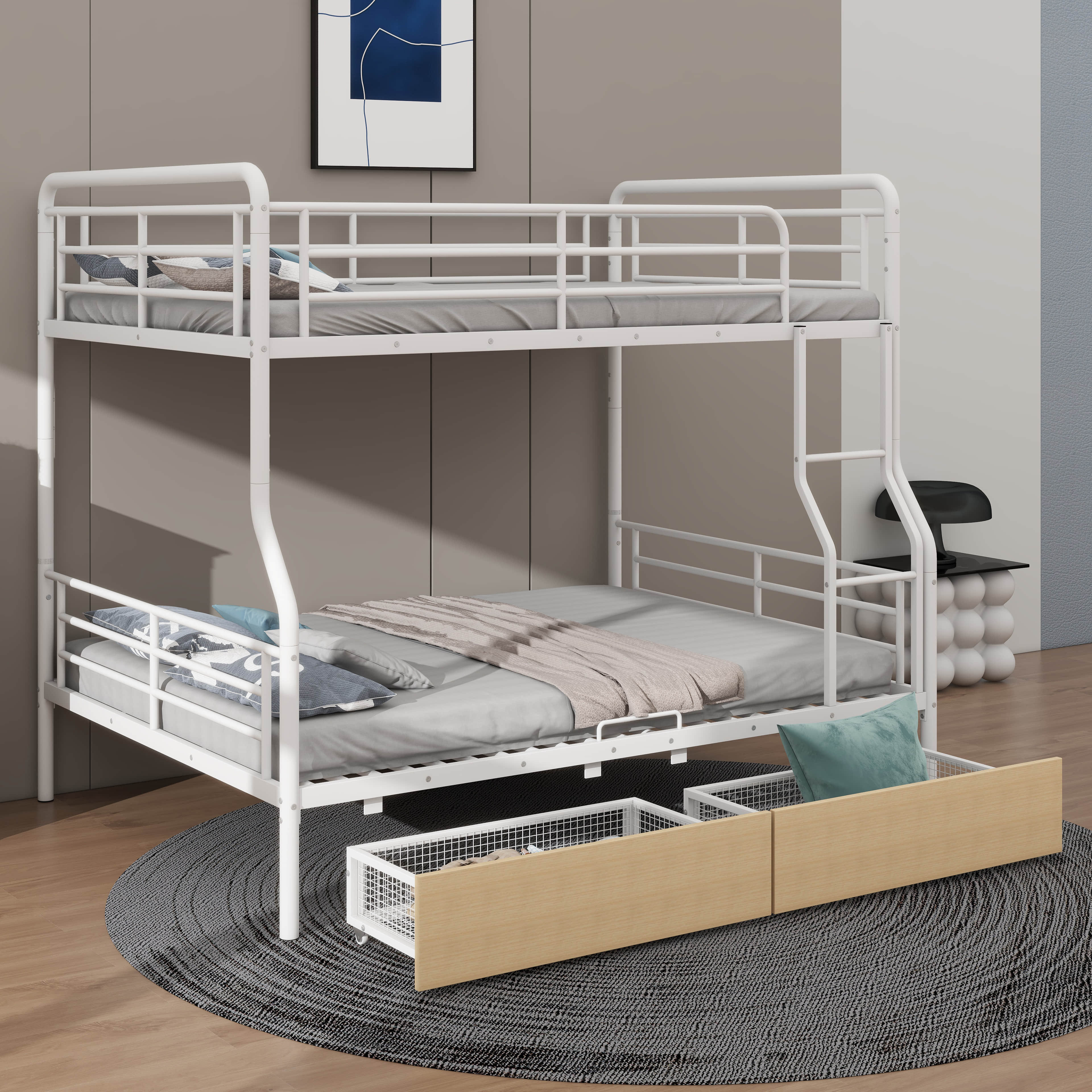 XIUYE Queen Over Full XL Metal Bunk Bed Equipped With Inbuilt Drawers ...