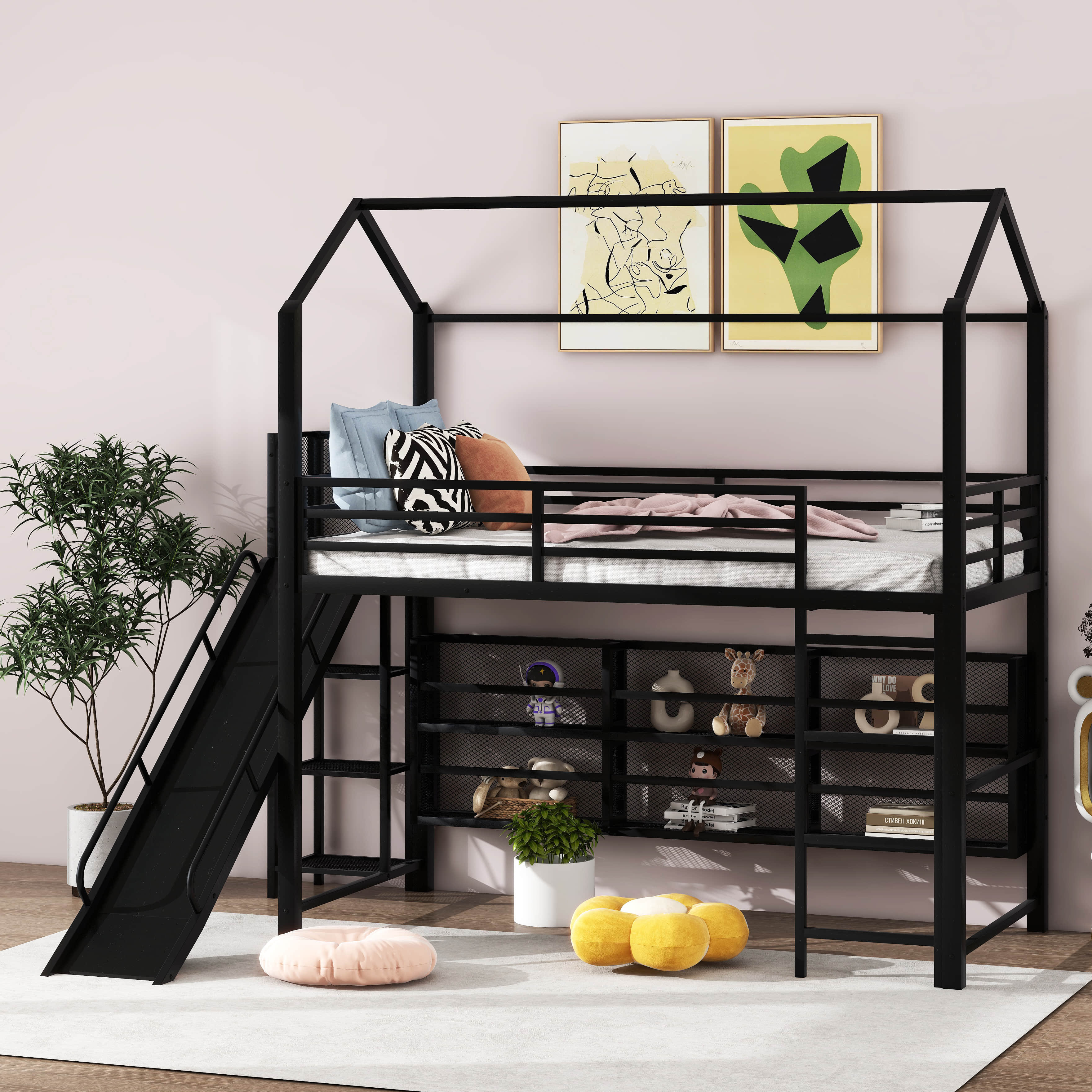 Ling IN Twin Size House Metal Loft Bed With Iron Mesh Shelves And Slide ...