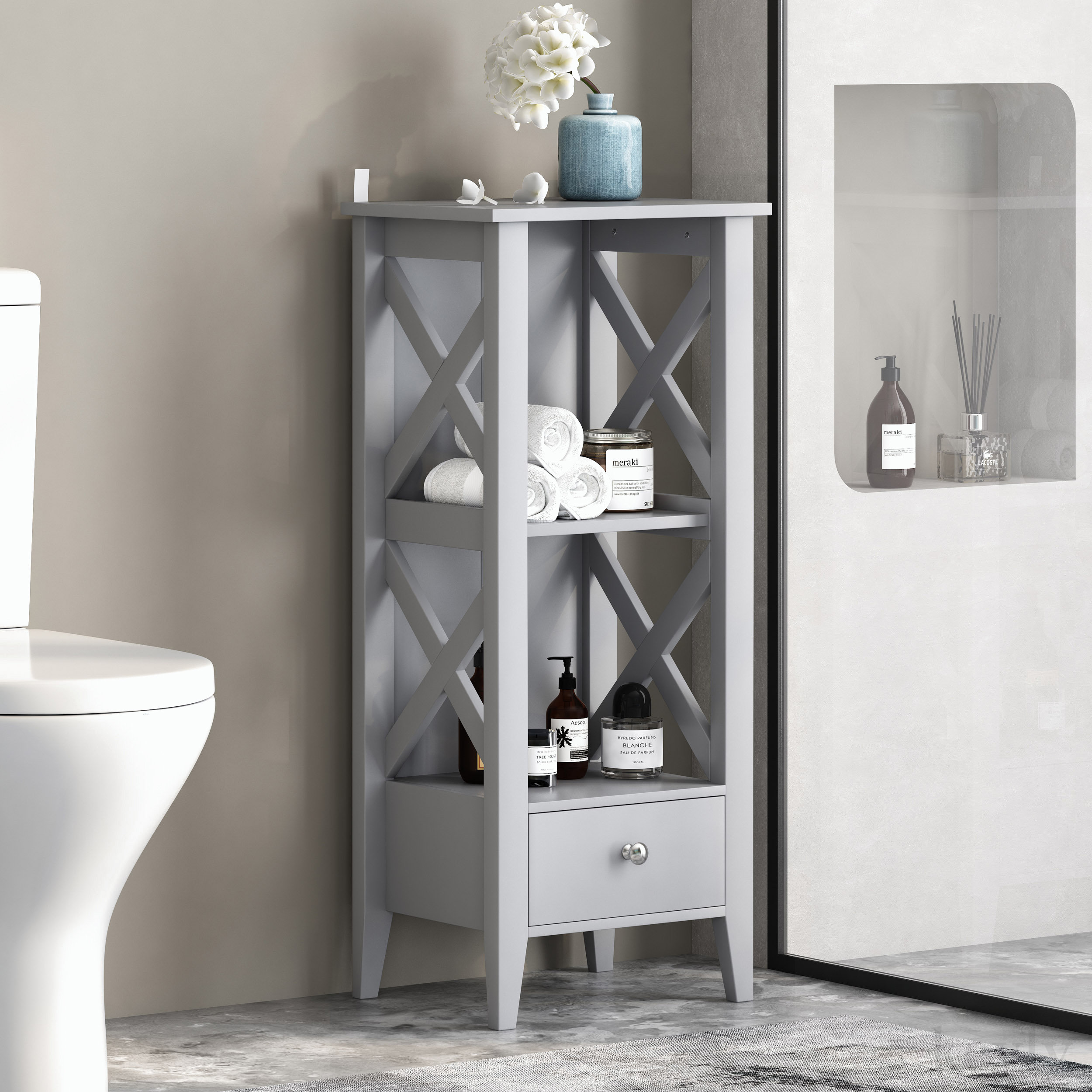 Breakwater Bay Bathroom Rack with Two Shelves and Bottom Drawer | Wayfair