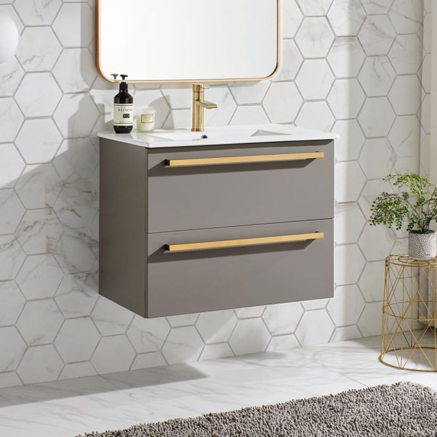 Mercer41 Ensemble de meuble-lavabo mural moderne en bois kaki de 30 po avec poignée dorée ...