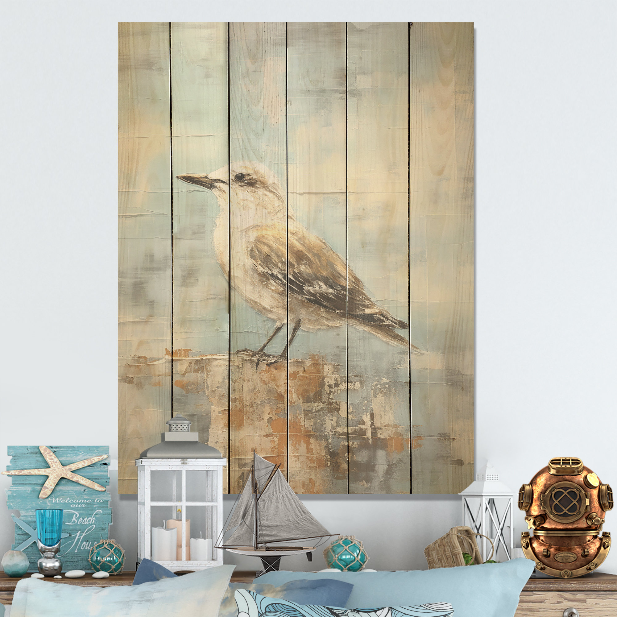 Lark Manor™ Beige And Blue Seagull Tranquility - Seagull Wood Art On ...