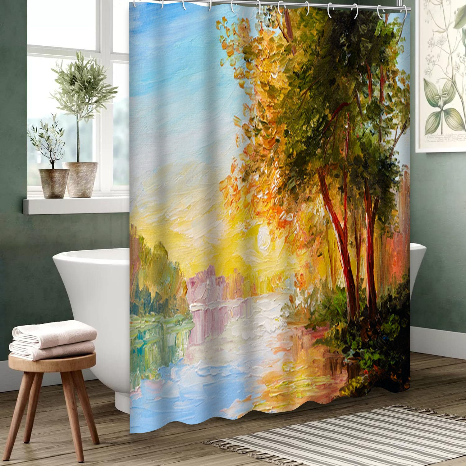 East Urban Home River Forest Waterproof Shower Curtain,Oil Painting ...