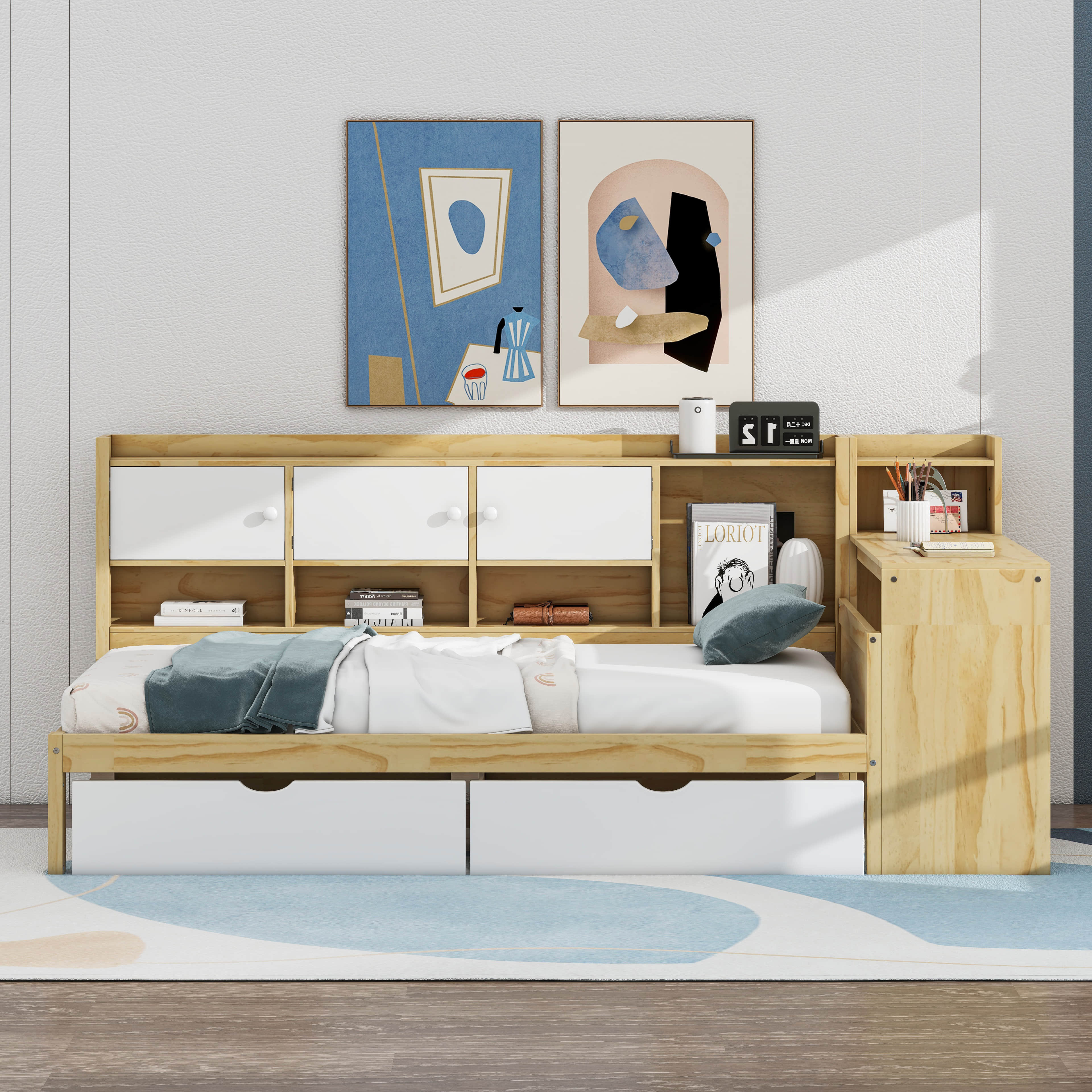 Cosmic Twin Wooden L-Shape Daybed With Drawers, Desk And Bookshelf ...