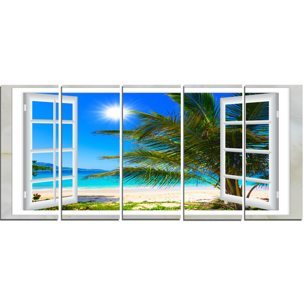DesignArt Window Open to Beach with Palm 5 Piece Wall Art on Wrapped ...