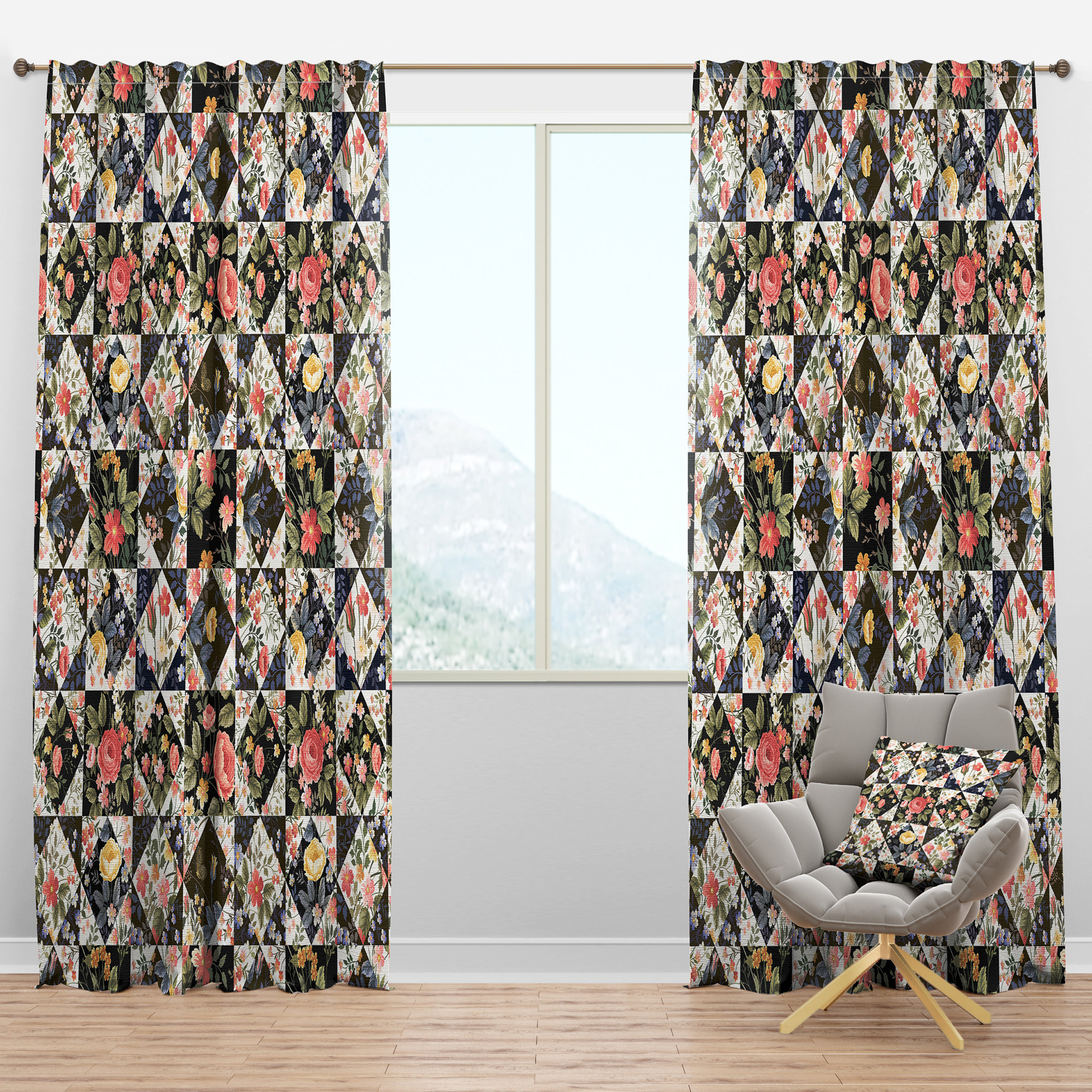 Design Art Roses Geometric Patchwork - Floral Curtain - Velvet Room ...