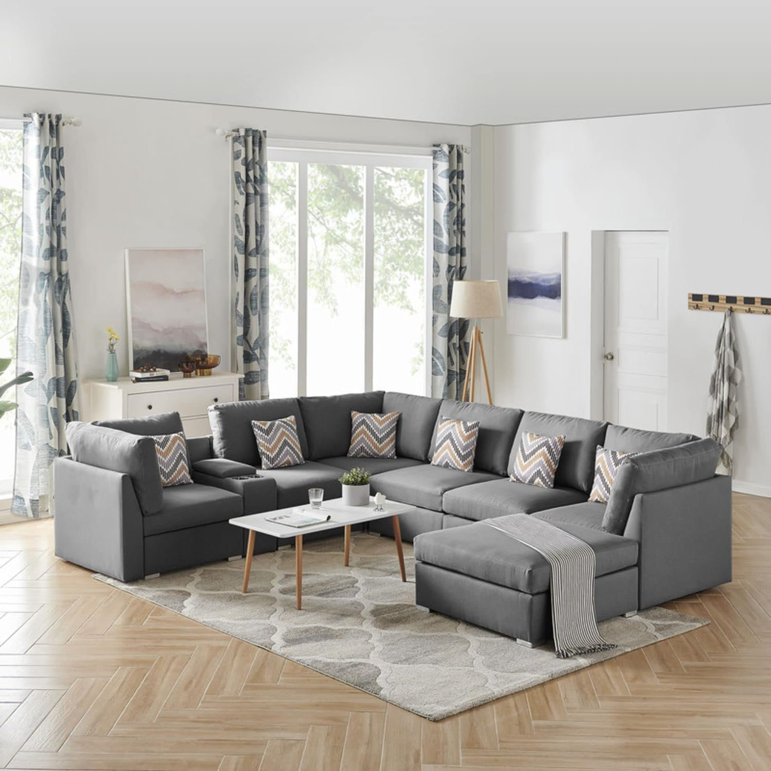 Latitude Run® Grey Fabric Reversible Modular Sectional Sofa with USB ...