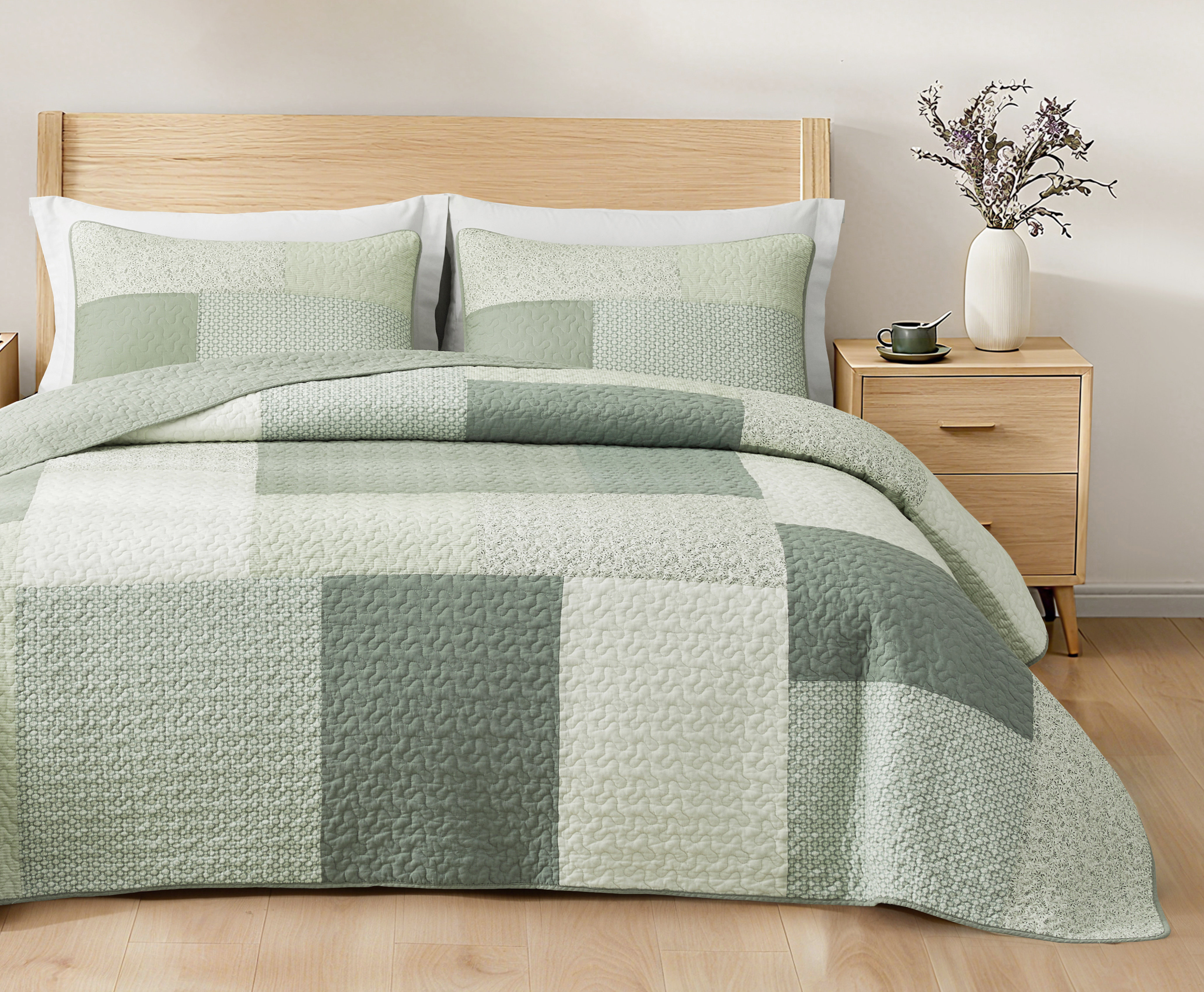 Chezmoi Collection Sage/Green/Beige Patchwork Pre-Washed Cotton Quilt ...