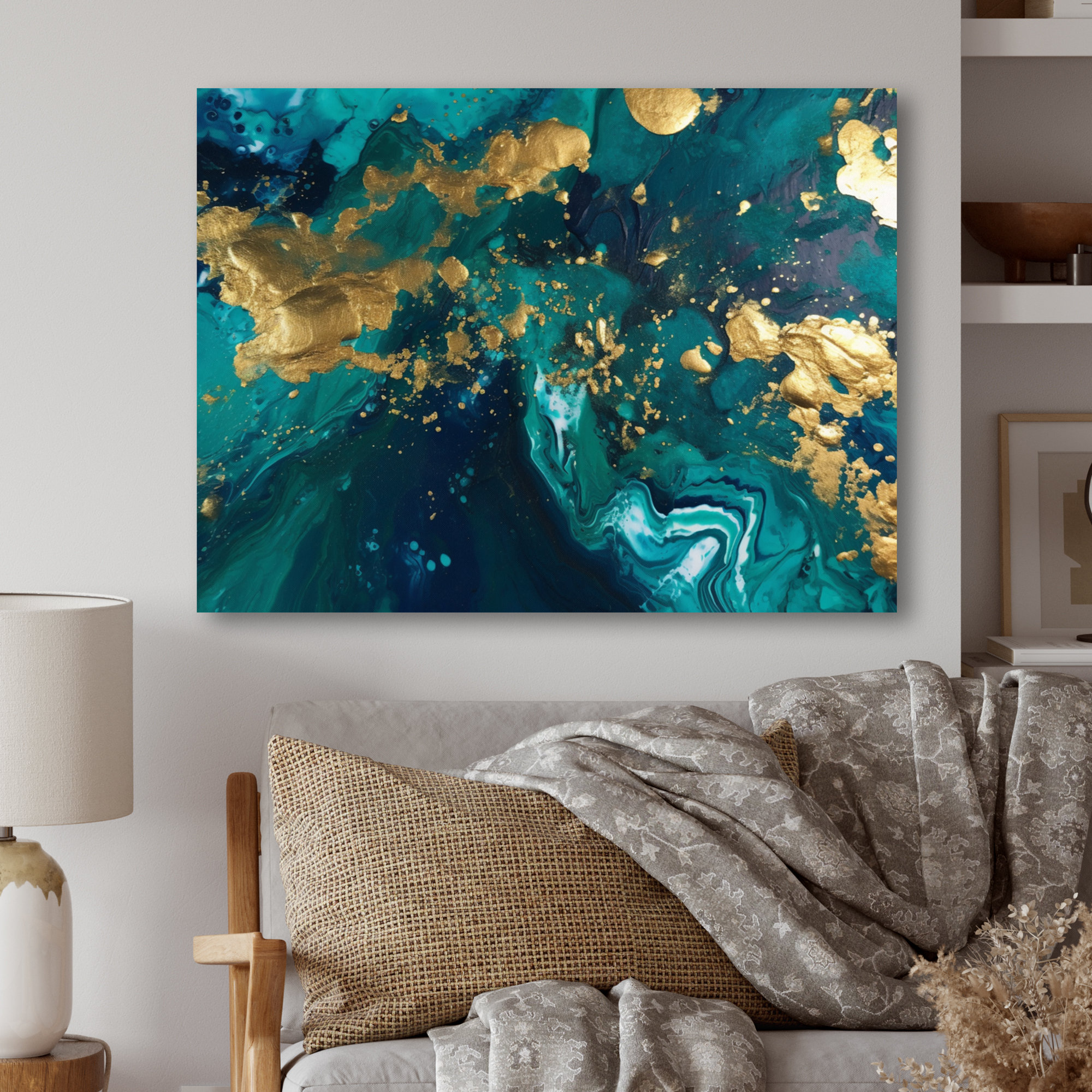 Latitude Run® Teal And Gold Liquid Magic II - Abstract Shapes Metal ...