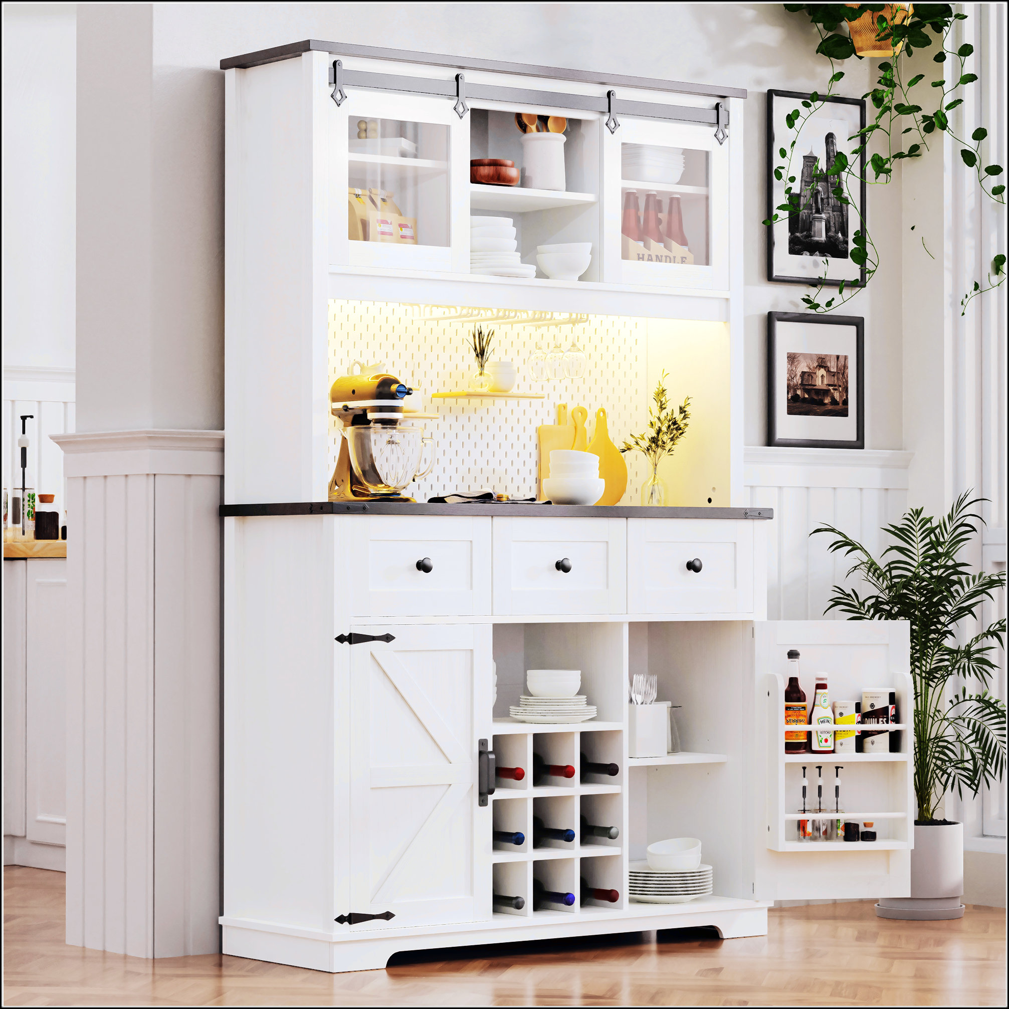 Gracie Oaks K&K 71" Farmhosue Pantry Bar Cabinet With Internal Storage ...