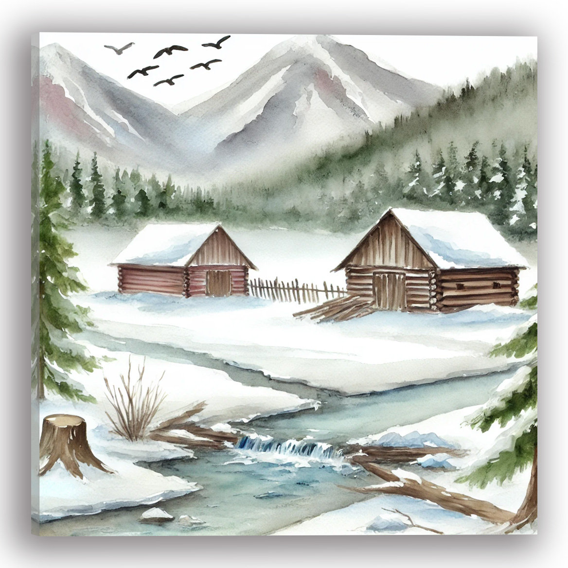 Millwood Pines Mountain Refuge: Rustic Cabins by a Frozen Creek Canvas ...