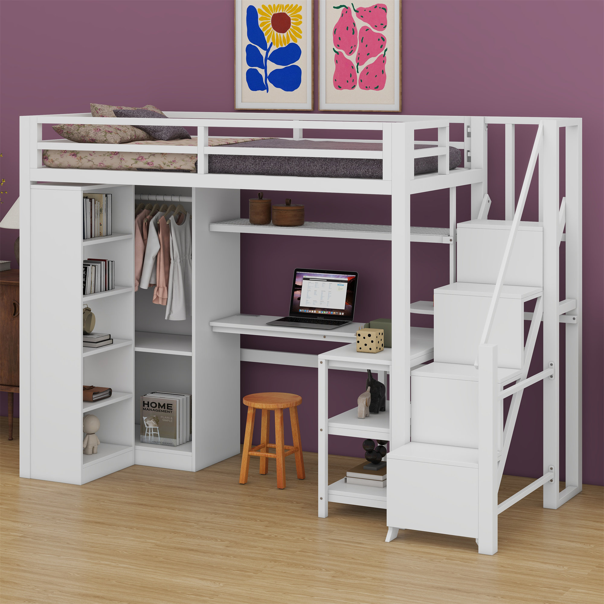 Harriet Bee Metal Loft Bed With Desk, USB Ports, 5-Layer Shelf ...