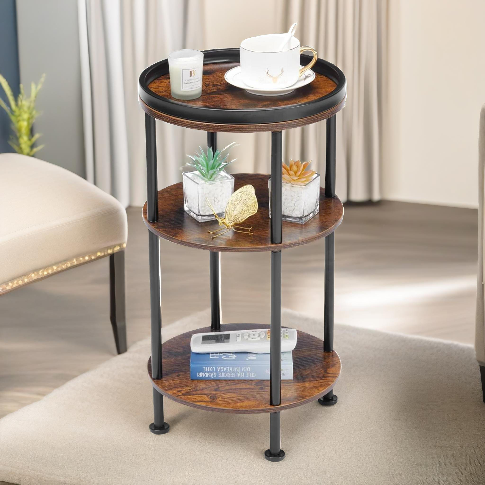 Latitude Run Alamar Rustic 3 Tier Side Table with Storage Shelves, End ...
