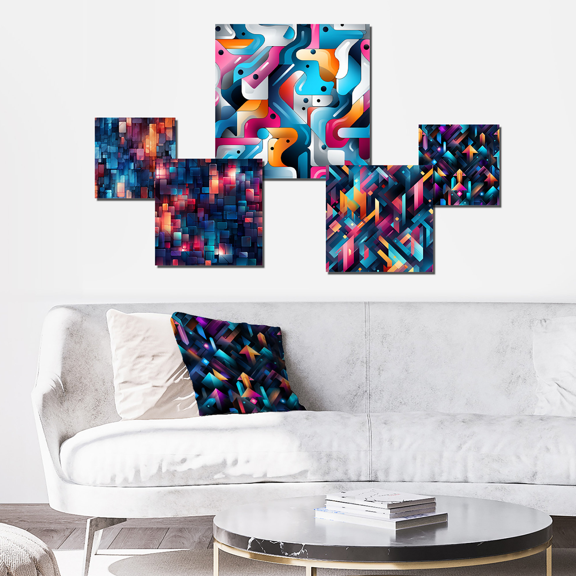 Design Art Purple And Blue Matrix Cubes - Geometric Wall Art Set Of 5 ...