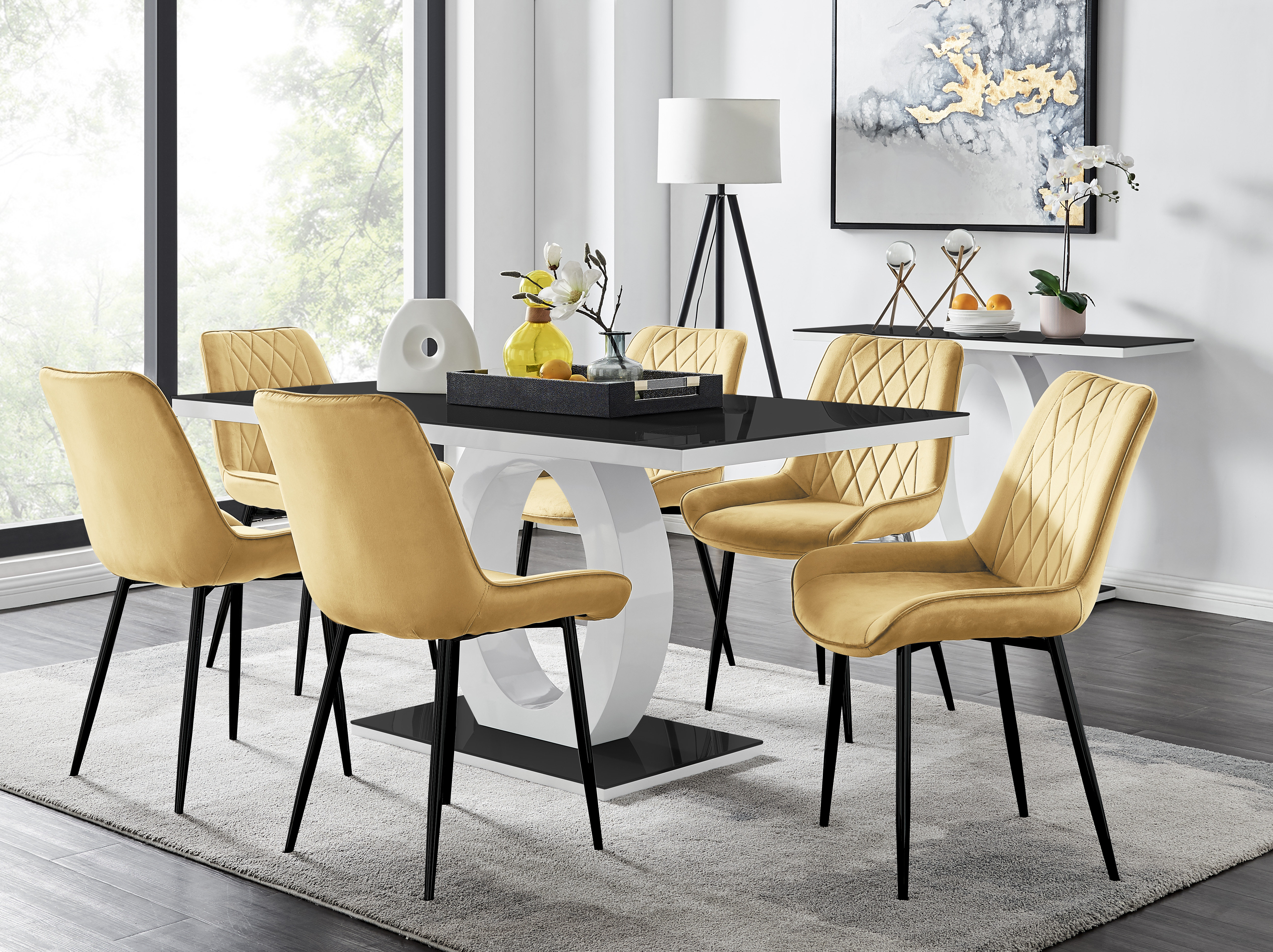 Canora Grey Bekircan Halo Dining Table Set In Modern High Gloss With 6 ...
