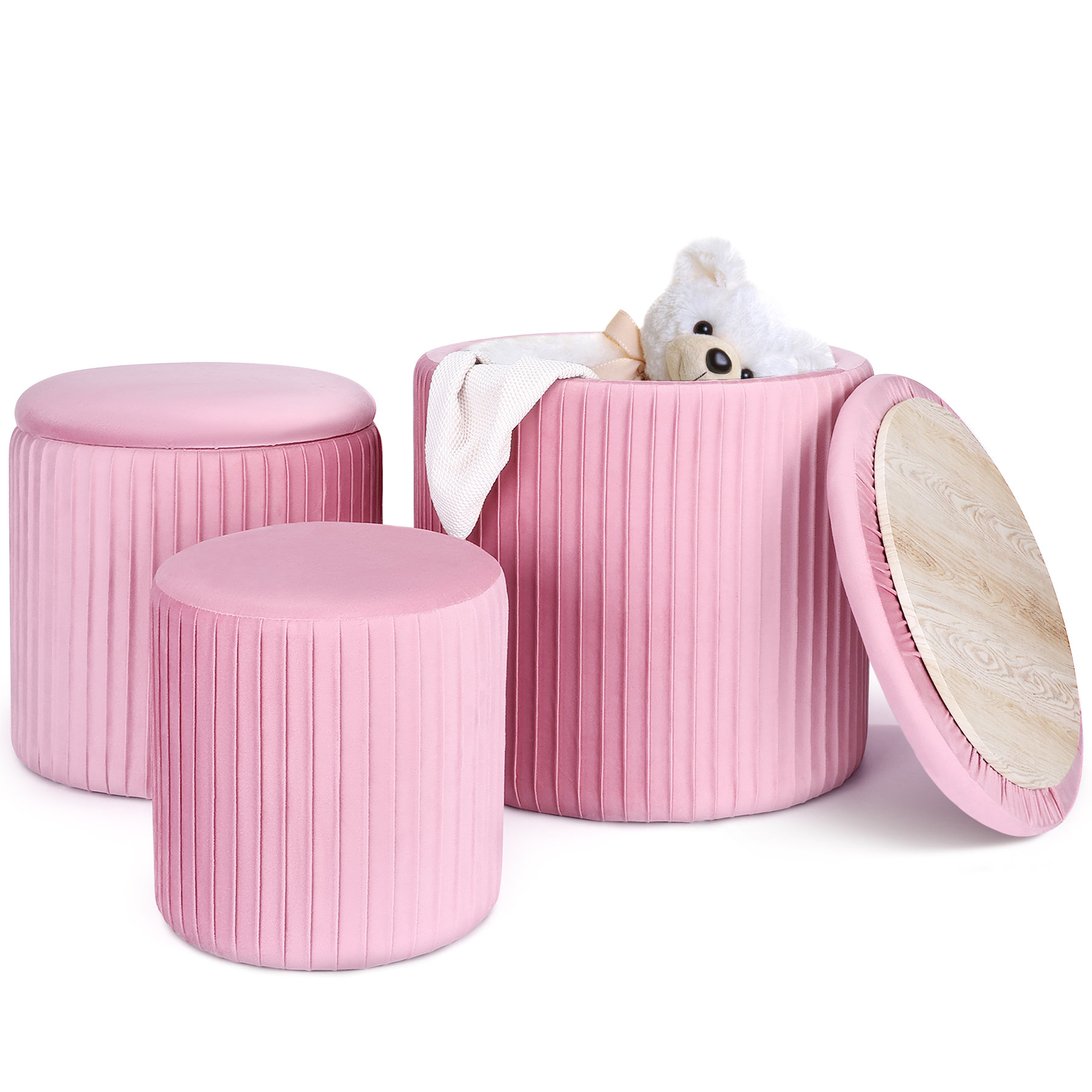 COOLBEBE Ottoman With Storage Set Of 3, Round Vanity Stools For Makeup ...