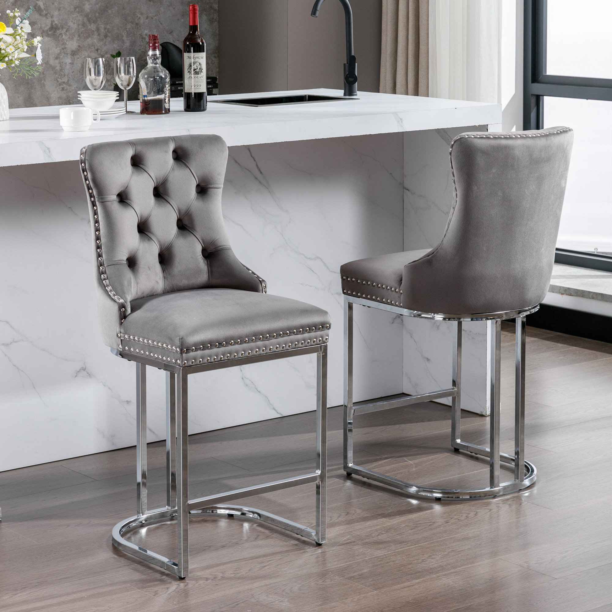 House of Hampton 26" Counter Height Bar Stools Set Of 2, Modern Velvet ...